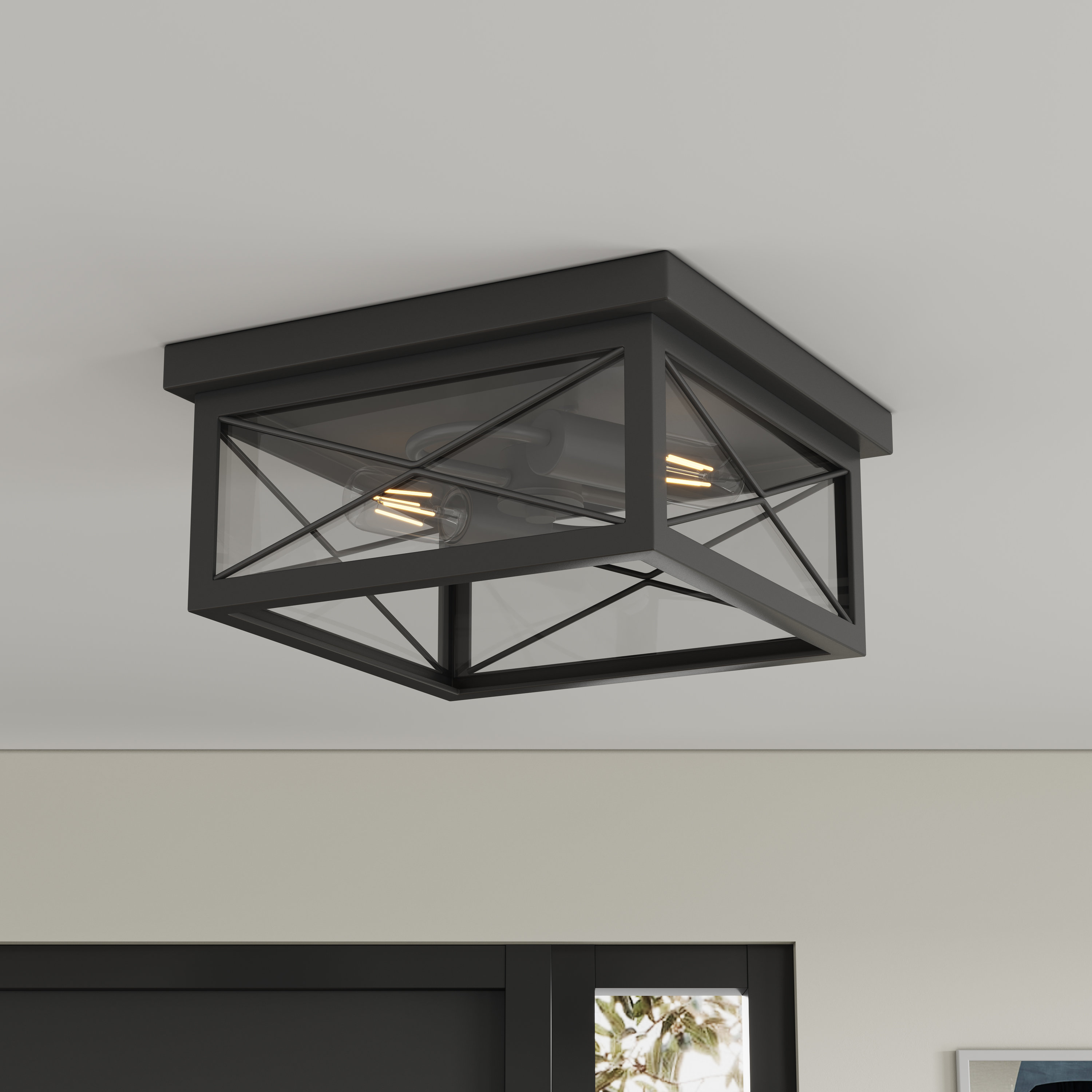 17 Stories Jakyri 2-Light Black Finish Glass Dimmable Flush Mount Light ...