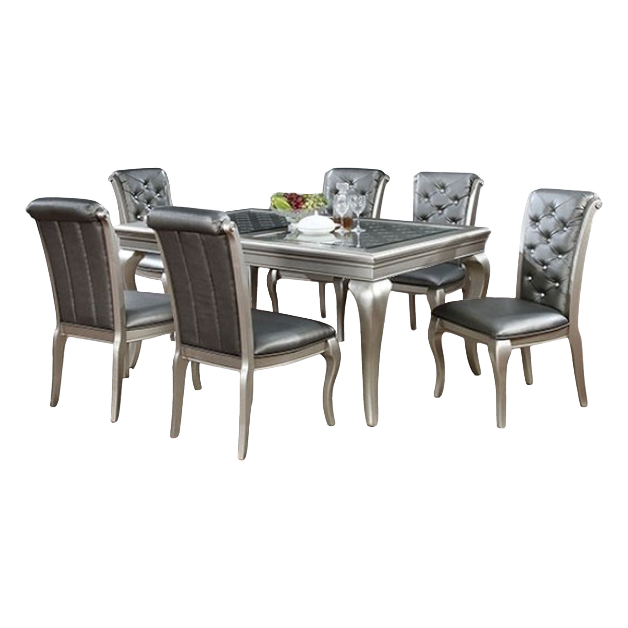 Benjara Nery 7Pc Dining Table N Chair Set, 66 Inch Glass, Grey Faux ...