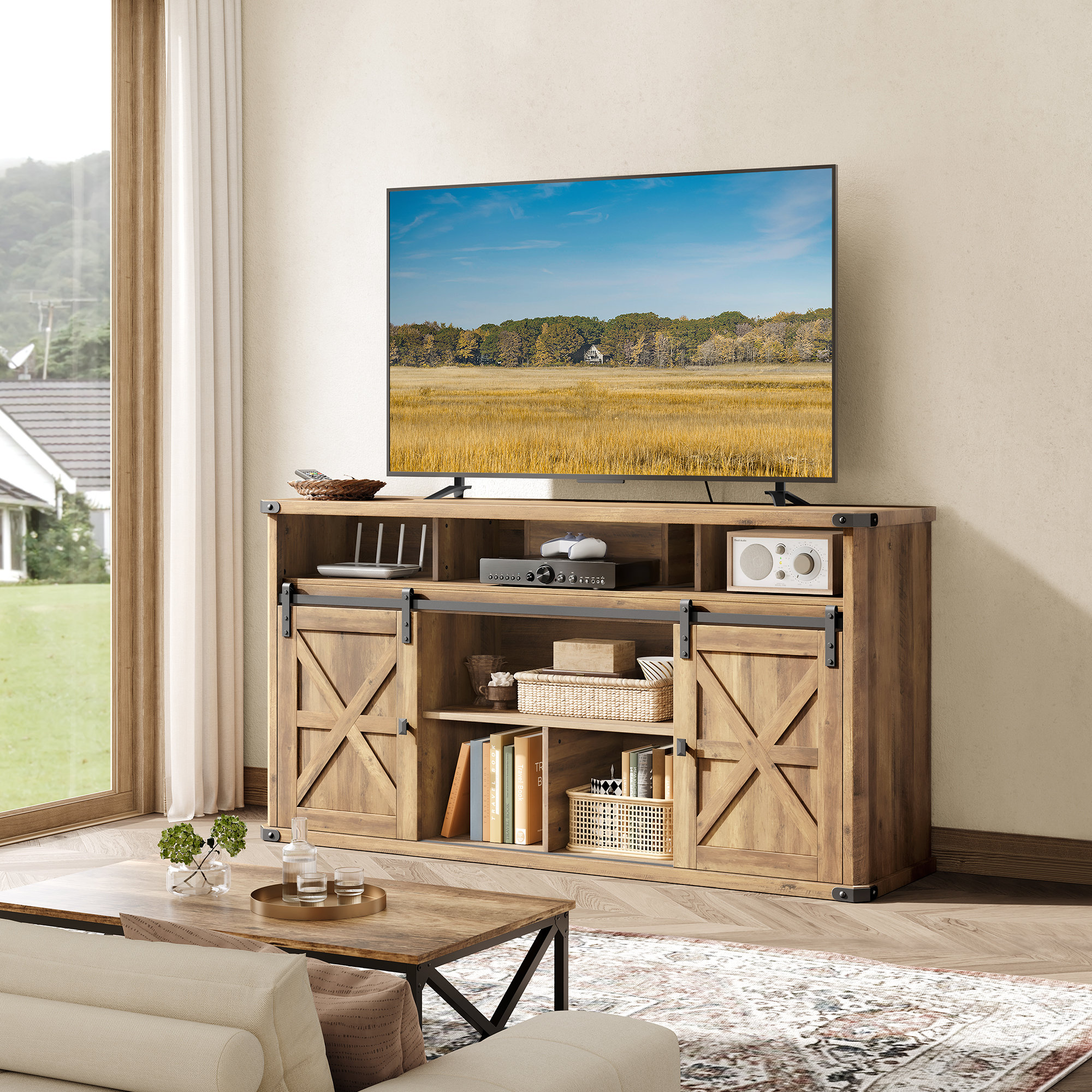 August Grove® Cecilly TV Stand for TVs up to 65" with 2 Sliding Barn ...