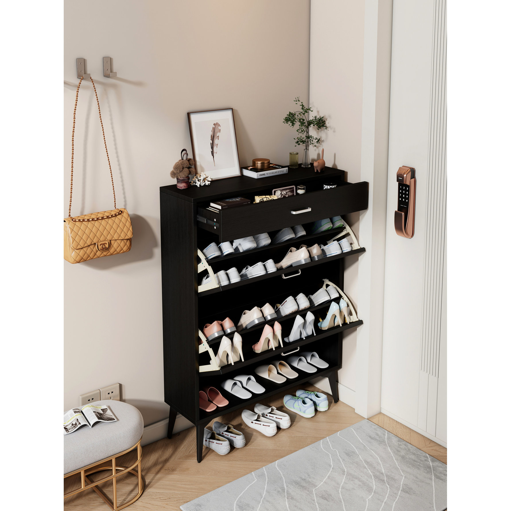 Ebern Designs Black Shoe Storage Cabinet, Arrangement Option, 42.04 In ...