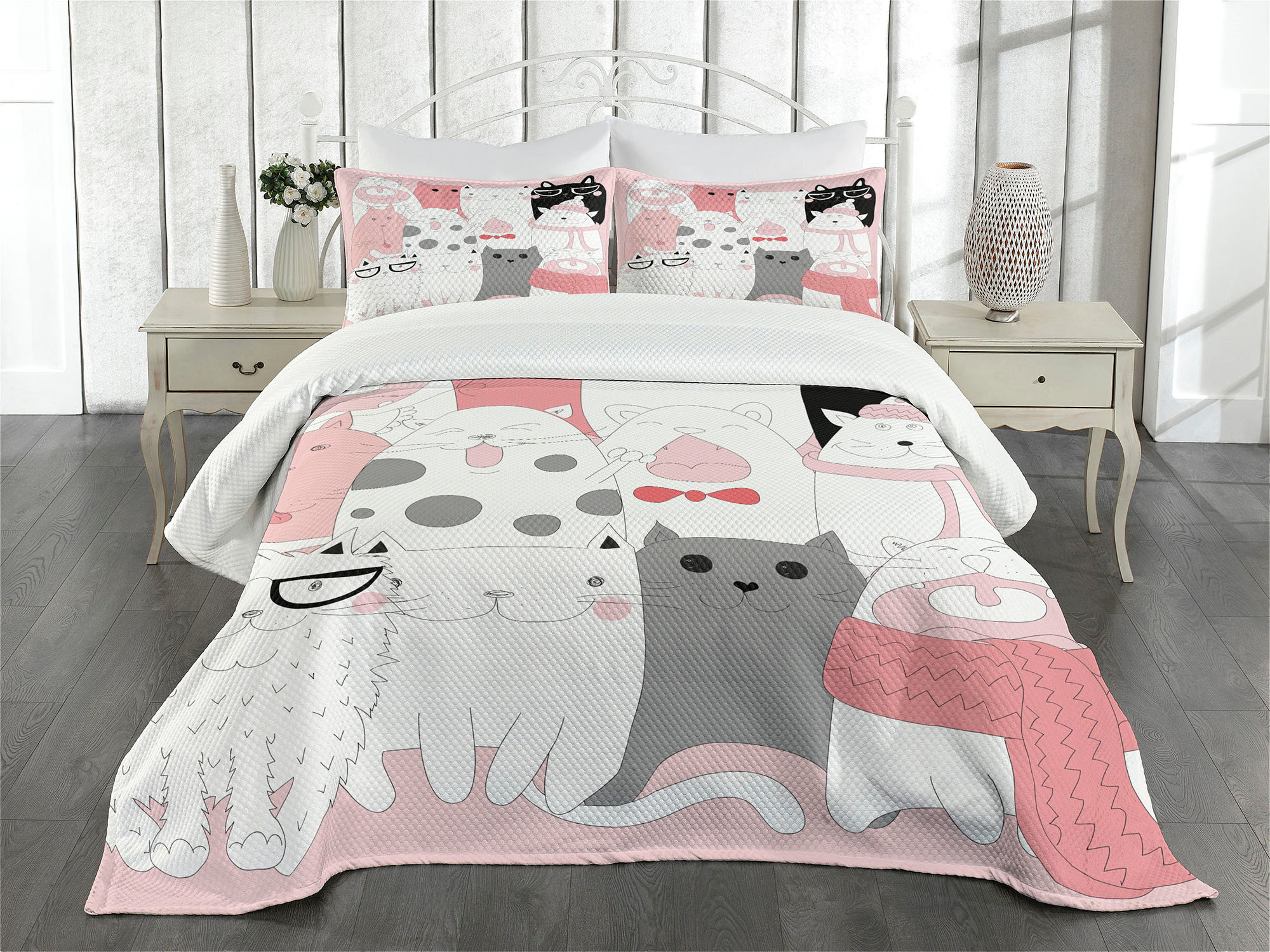 Ambesonne Cat Bedspread Set Funny Kittens Humor Doodle Pale Pink White ...