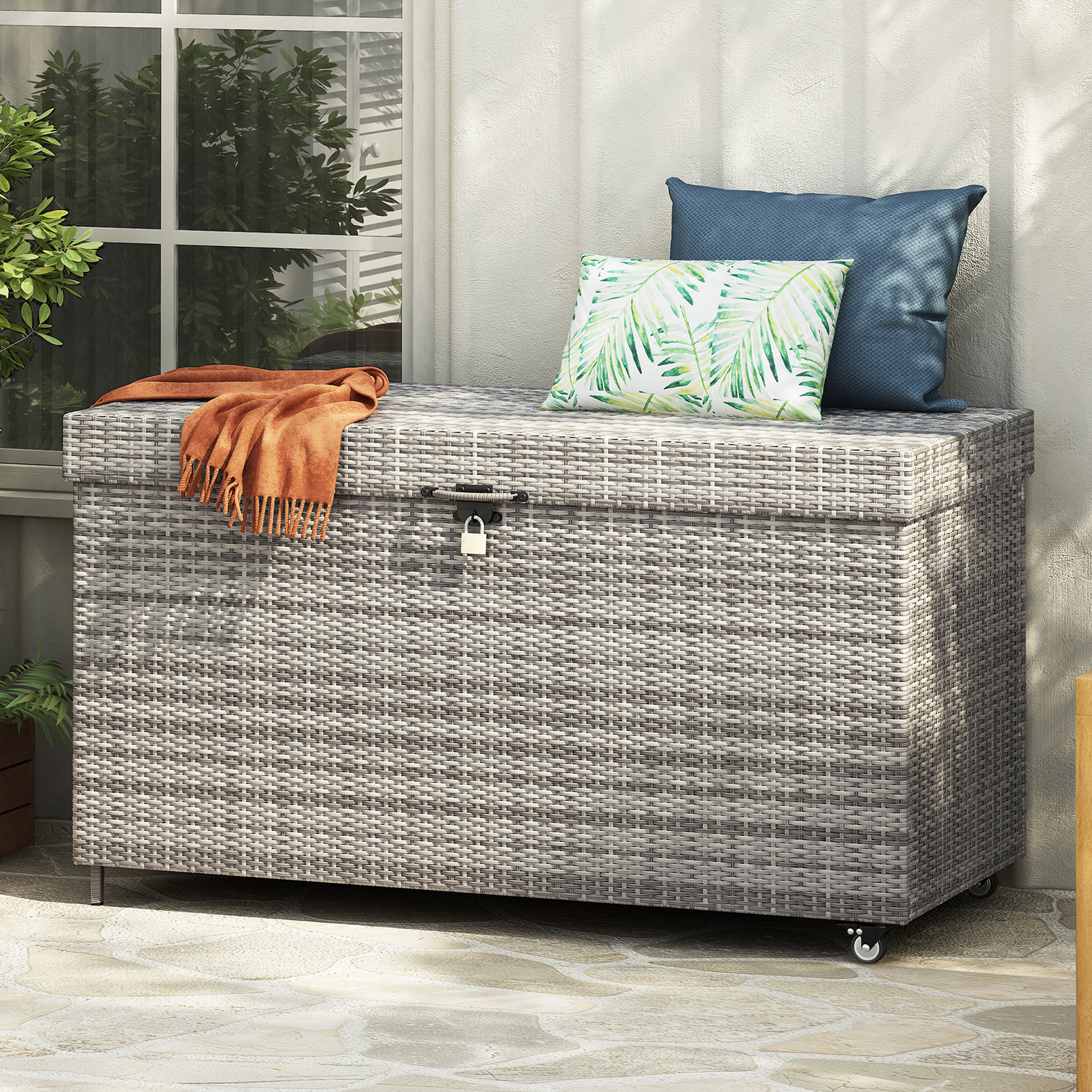 SANDILOOP 200 Gallon Wicker Patio Box On Wheels, All Weather Outdoor ...