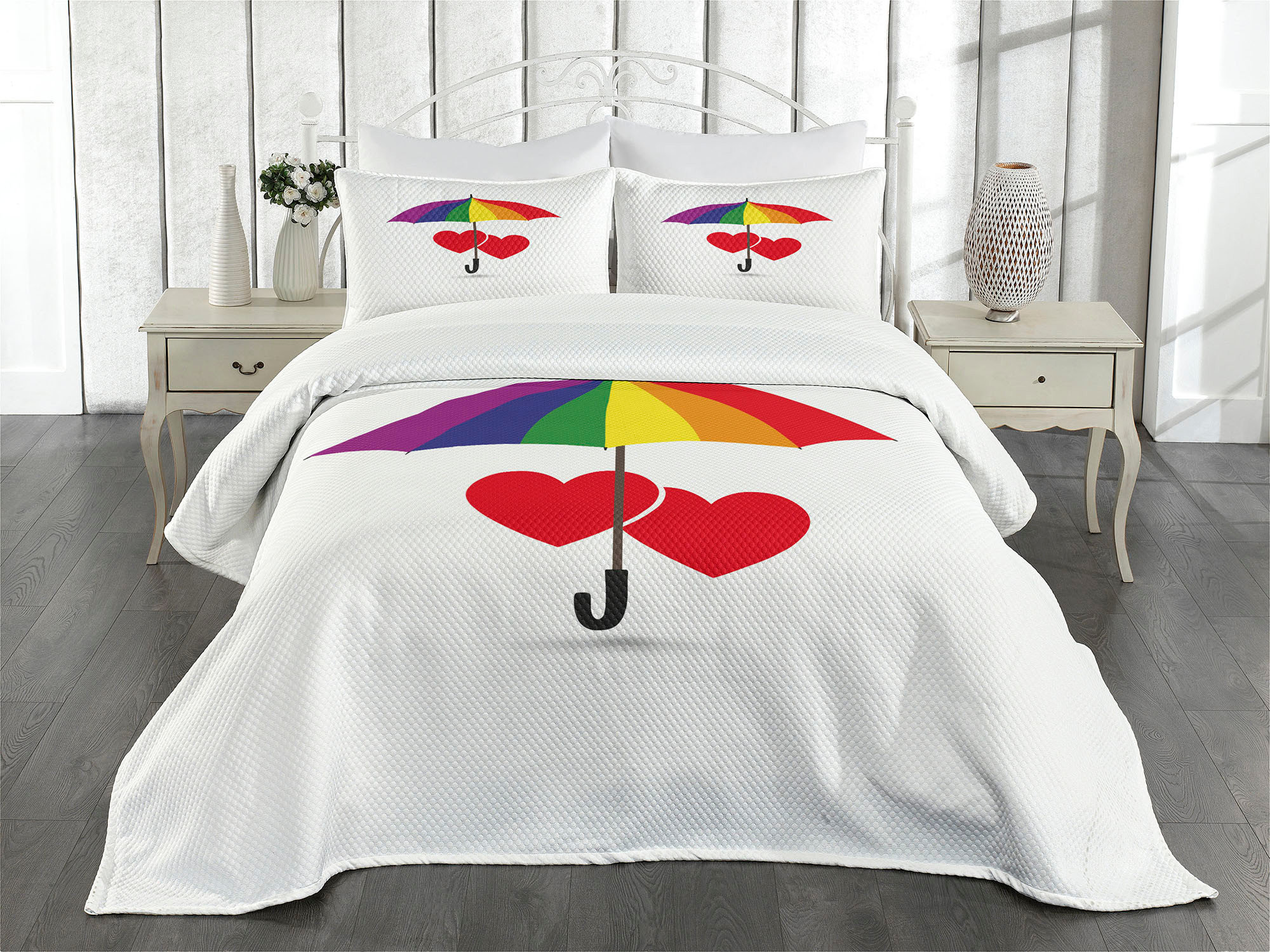 Ambesonne Rainbow Bedspread Set 3 Pcs Hearts Umbrella Love Queen ...
