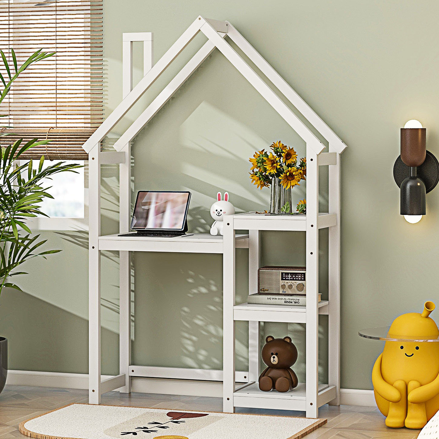 Ebern Designs House-Shaped Writing Desk, Study Table, Bookshelf & Toy ...