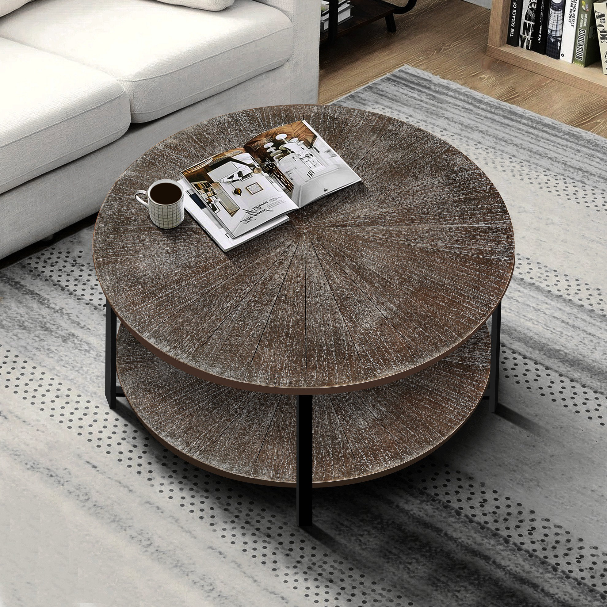 17 Stories Round Farmhouse Coffee Table With 2-Tier Storage And Black ...