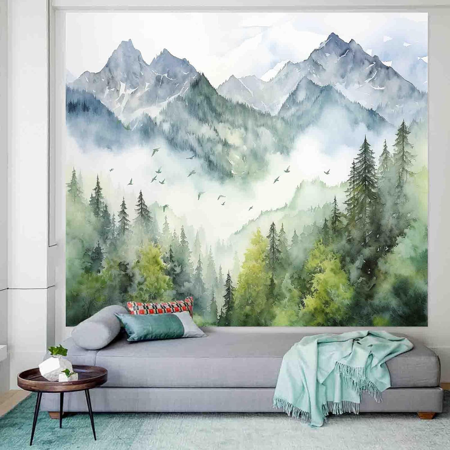 Millwood Pines Nature Forest Mountain Tapestry For Bedroom, Green Misty ...