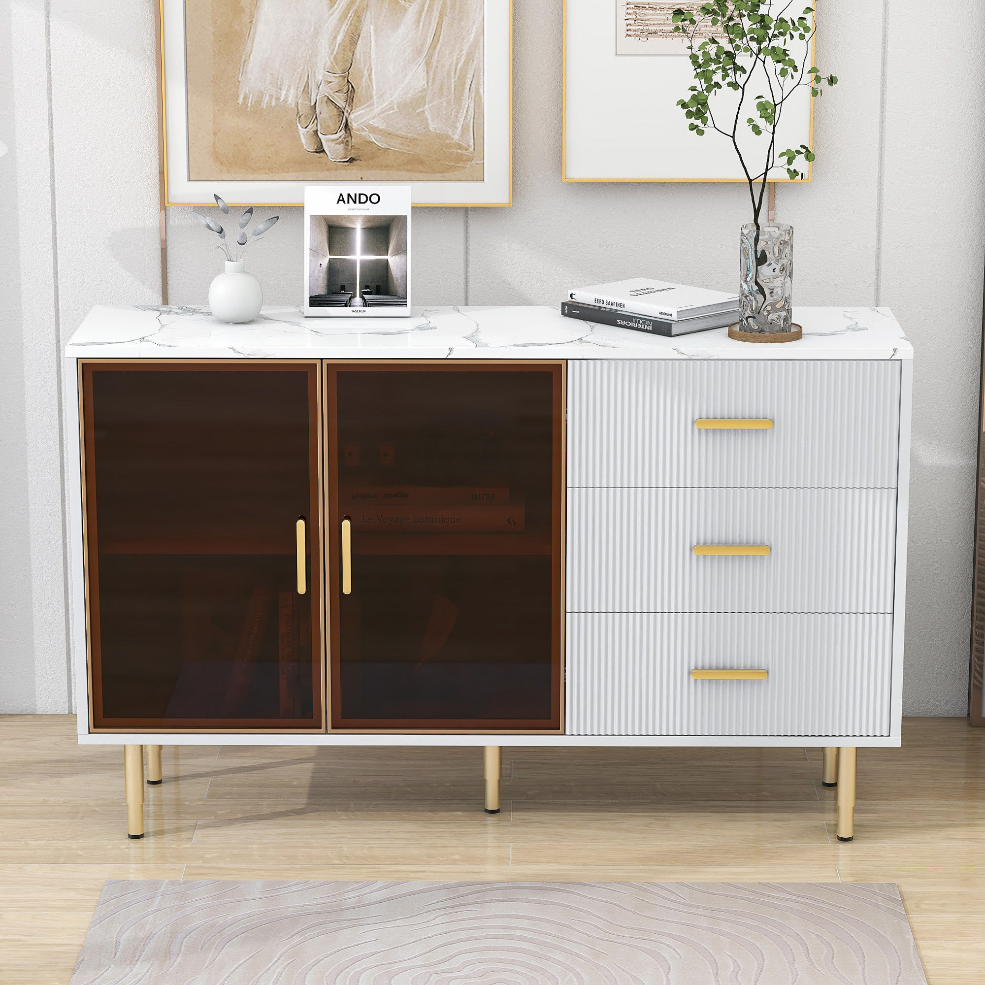 Mercer41 Toshya Wood 3 Drawers Sideboard Buffet Cabinet with Adjustable ...