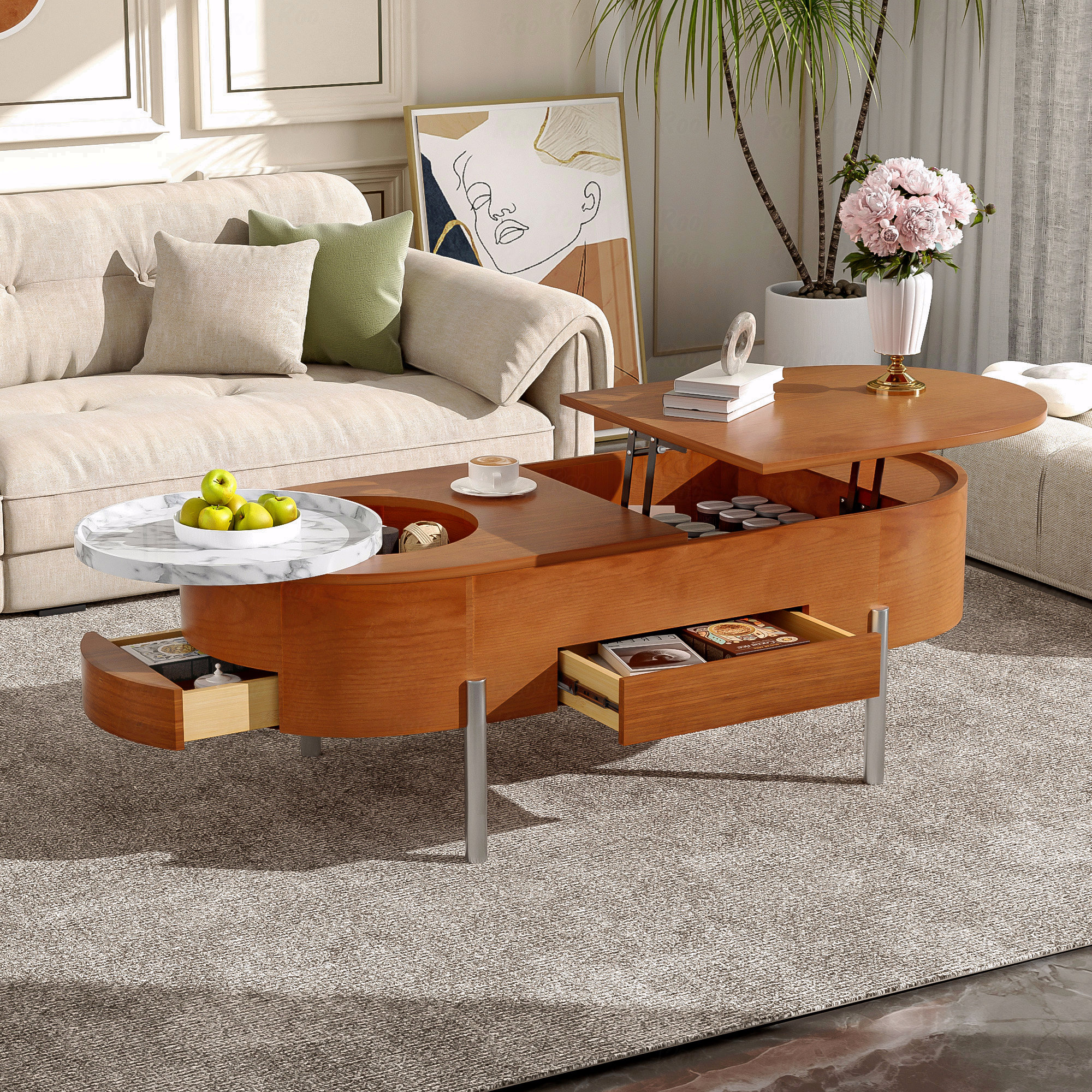 East Urban Home 360-Degree Rotating Tray Lift Top Coffee Table Hidden ...