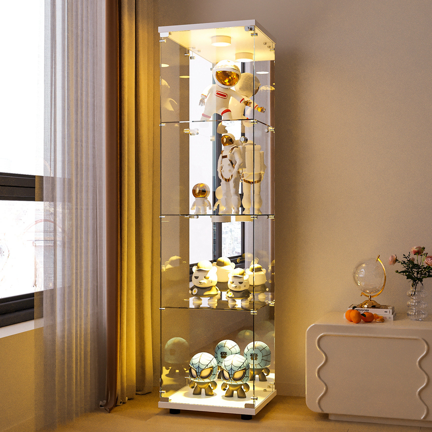 WDDH Lighted Glass Display Cabinet 4 Shelves With Backplate Mirror ...