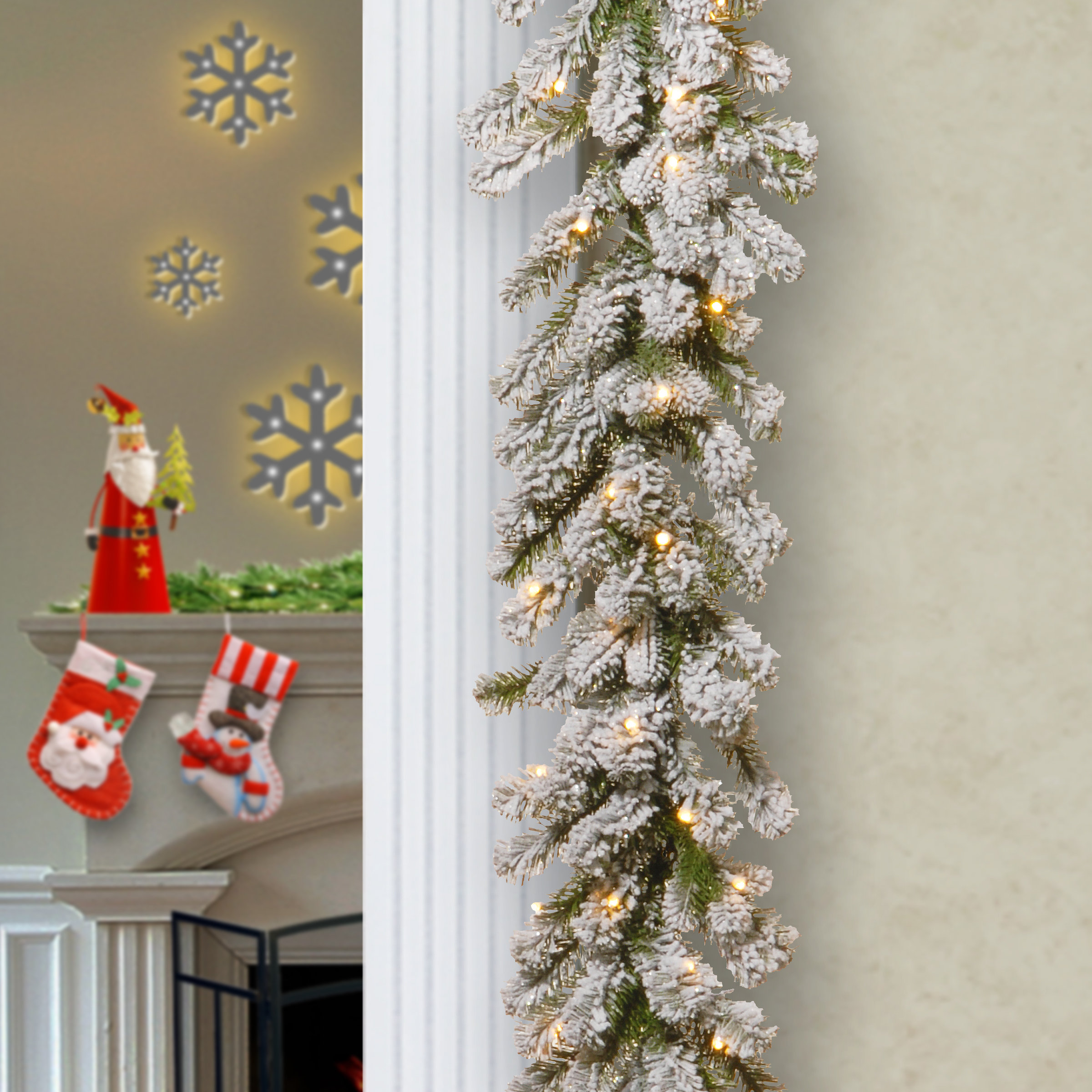 National Tree Company 9ft. Snowy Sheffield Spruce Garland with Clear ...