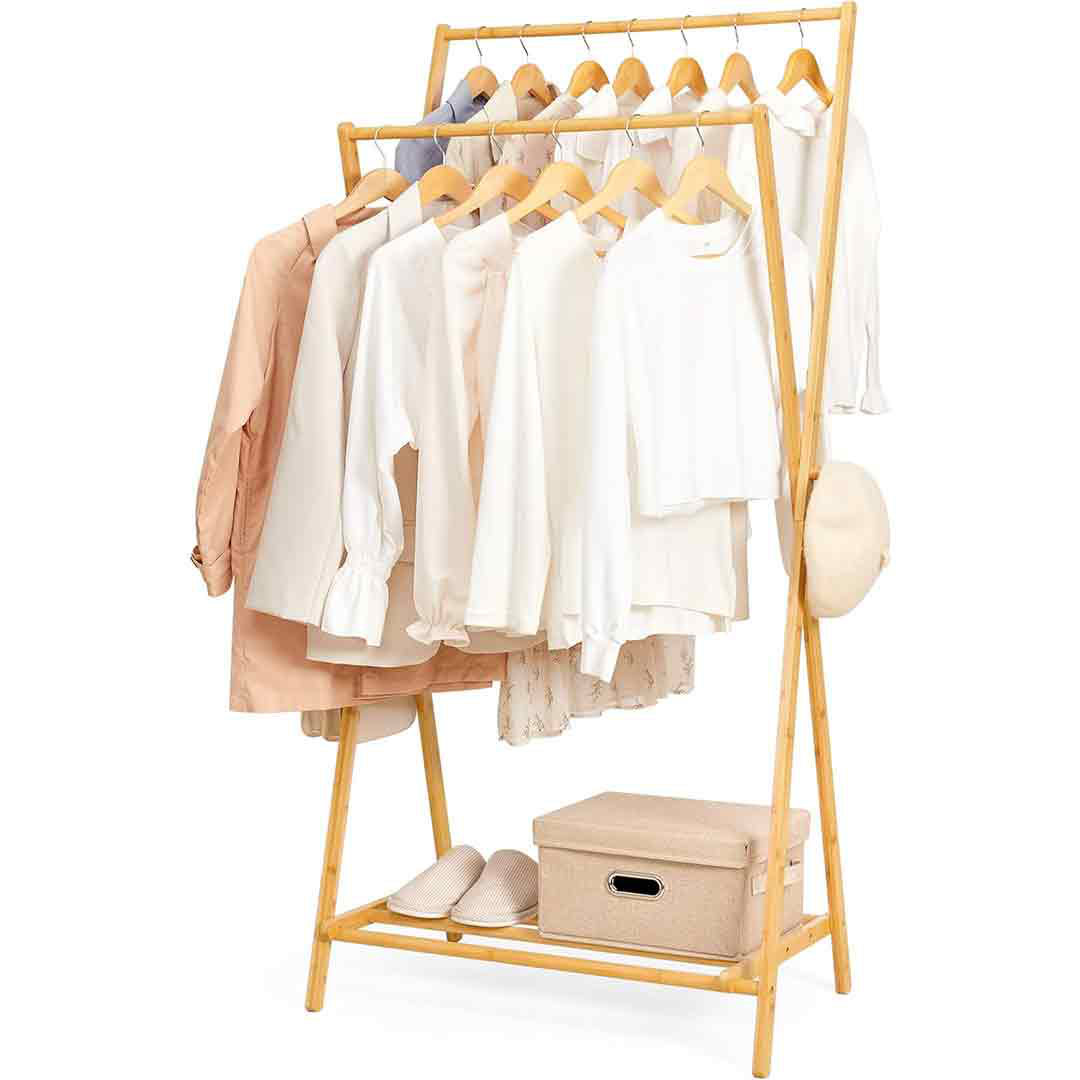 Latitude Run® Bamboo Clothes Rack With Storage Shelf, Portable Garment ...