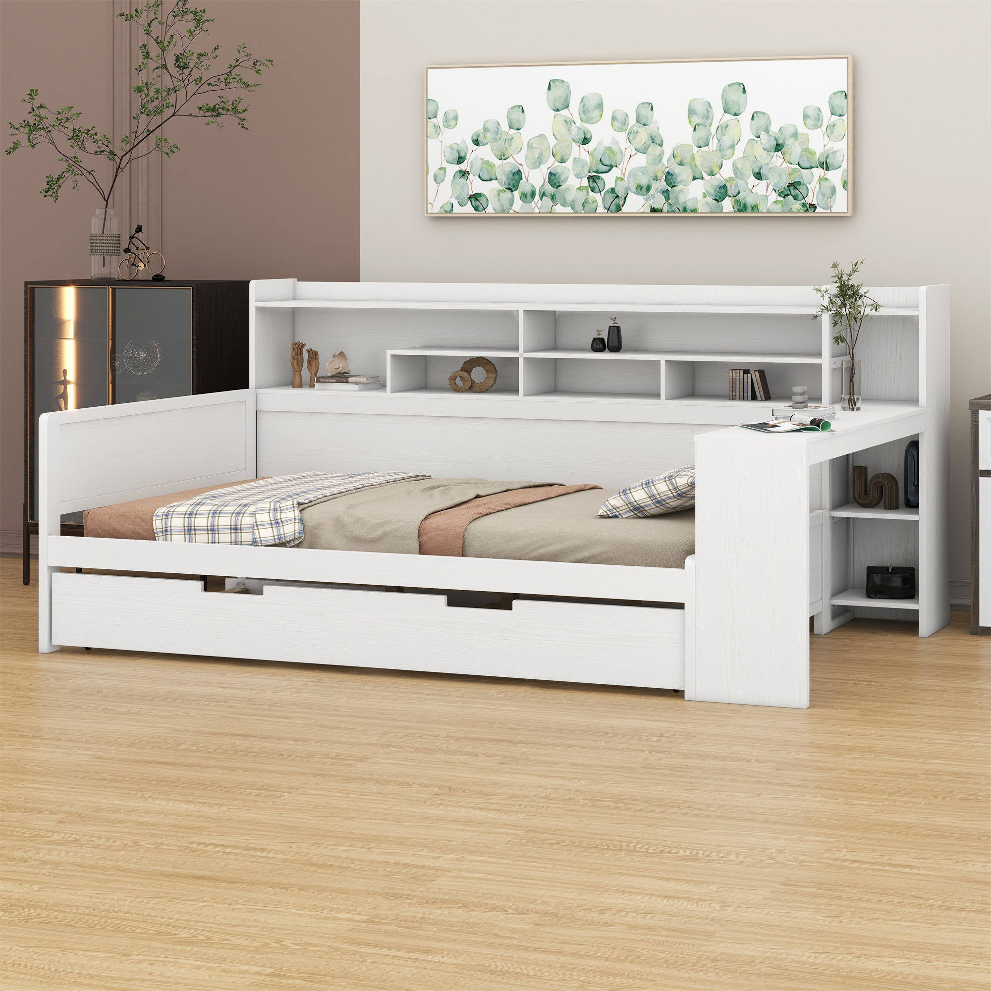 Lark Manor Wooden Daybed With Storage Shelves,Trundle Bed And Study ...