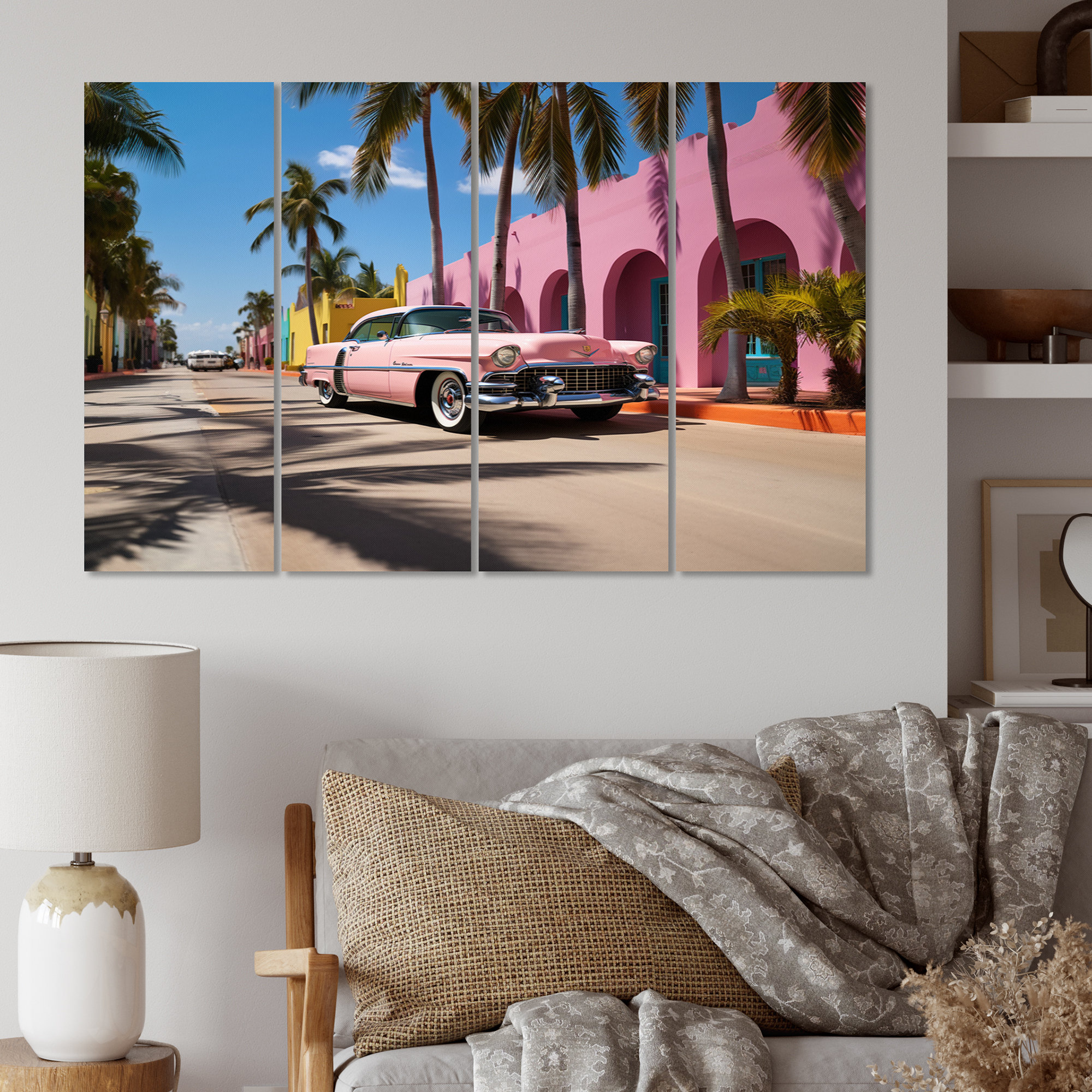 Bay Isle Home™ Miami Pink Cadillac V On Canvas 4 Pieces Print | Wayfair