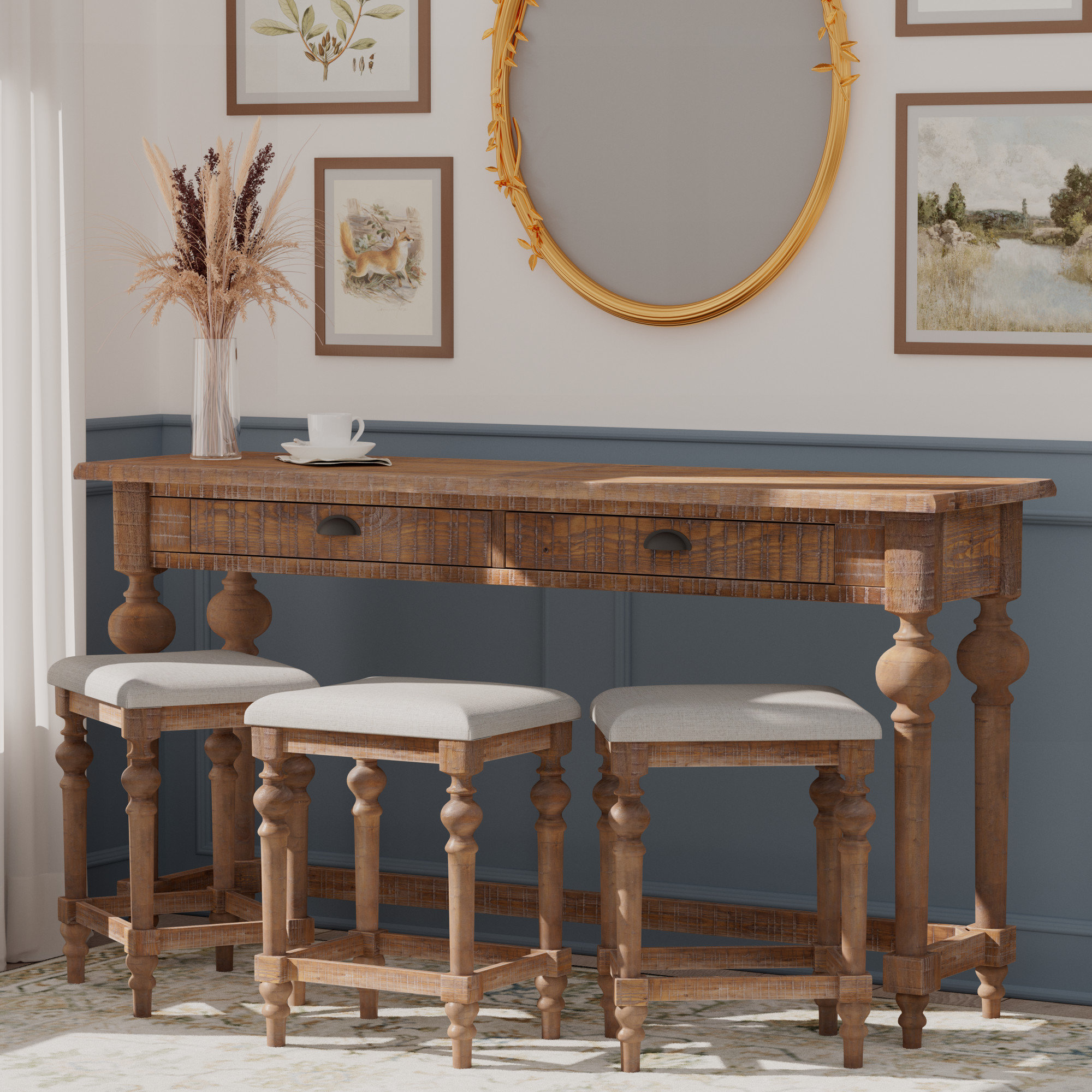 Three Posts Clintwood 64" Solid Wood Console Table and Stool Set ...