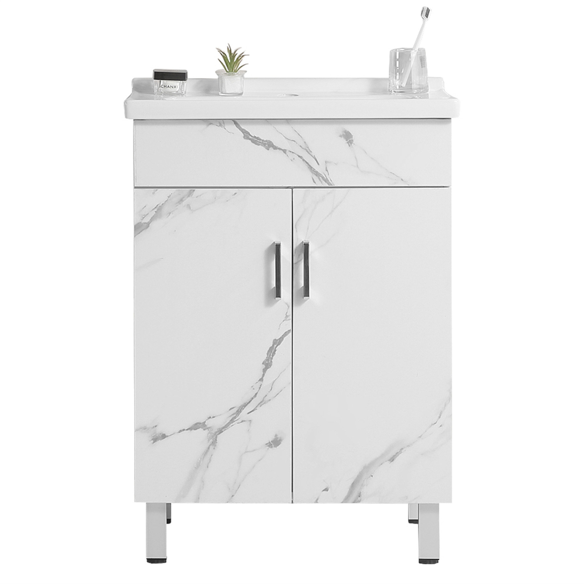 Tryimagine 24-Inch Marble-Textured Bathroom Cabinet With Ceramic Sink ...