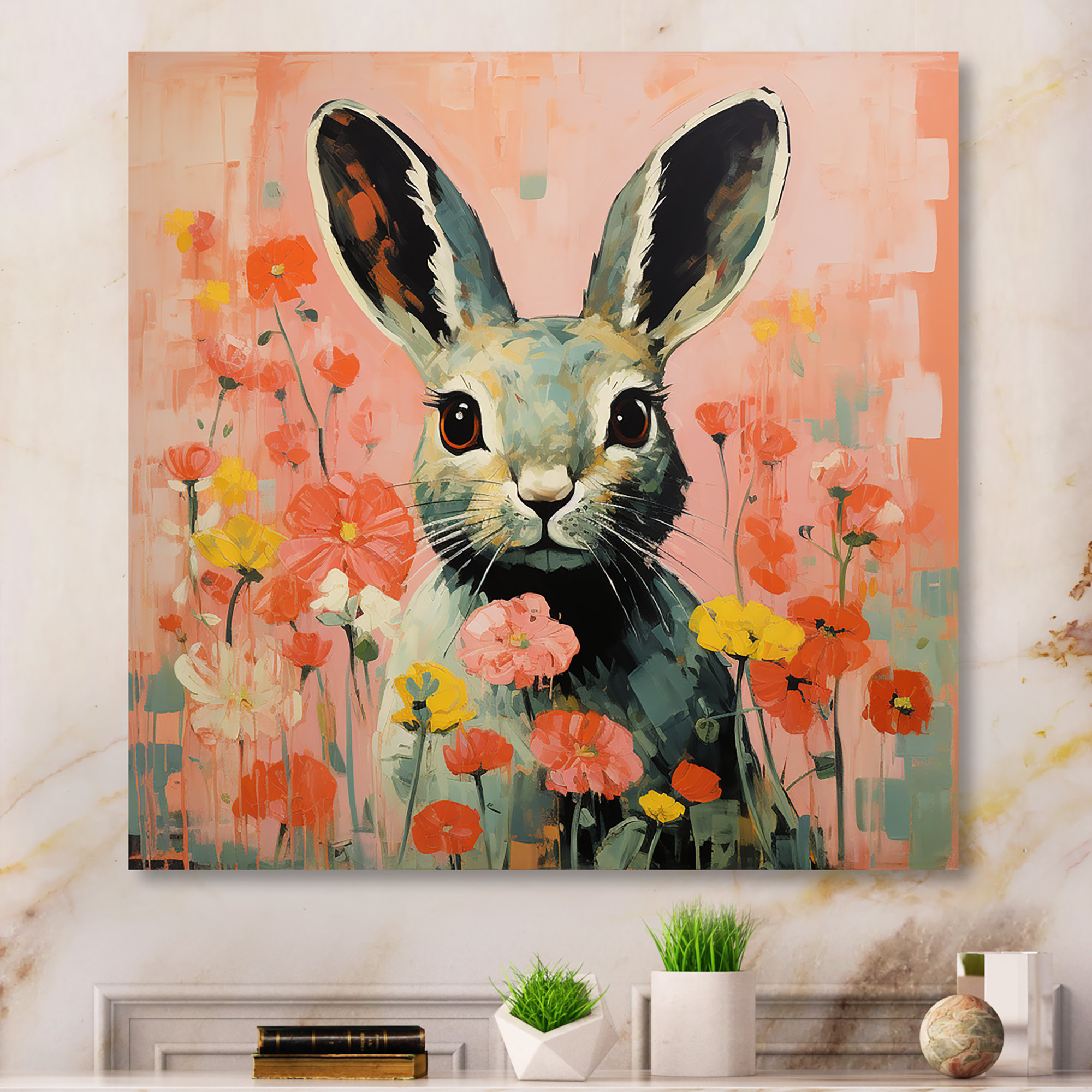 August Grove® Curious floral rabbit meadow II - Rabbit Canvas Wall Art ...