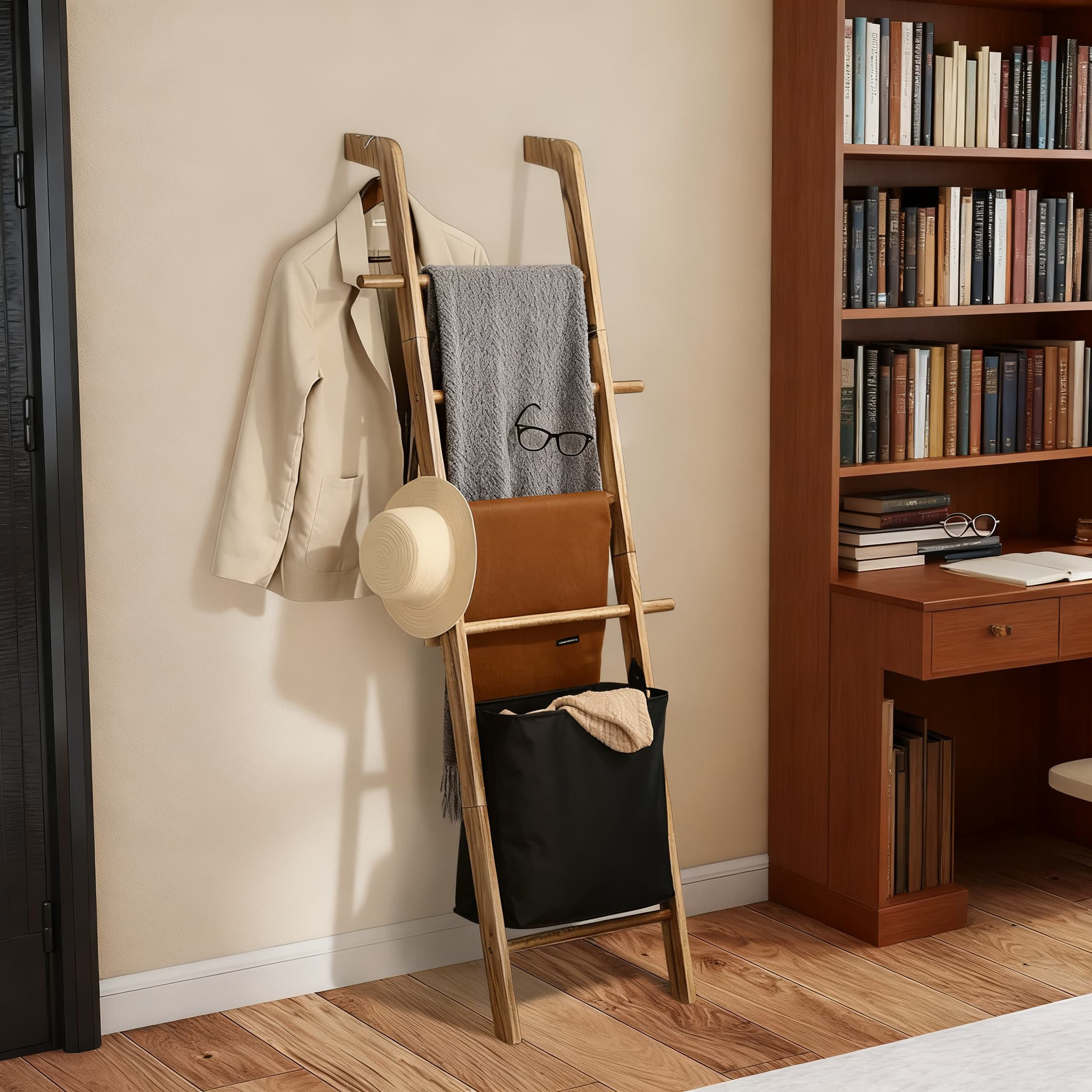 caimen Farmhouse Blanket Ladder With Storage Basket, Rustic Wooden ...