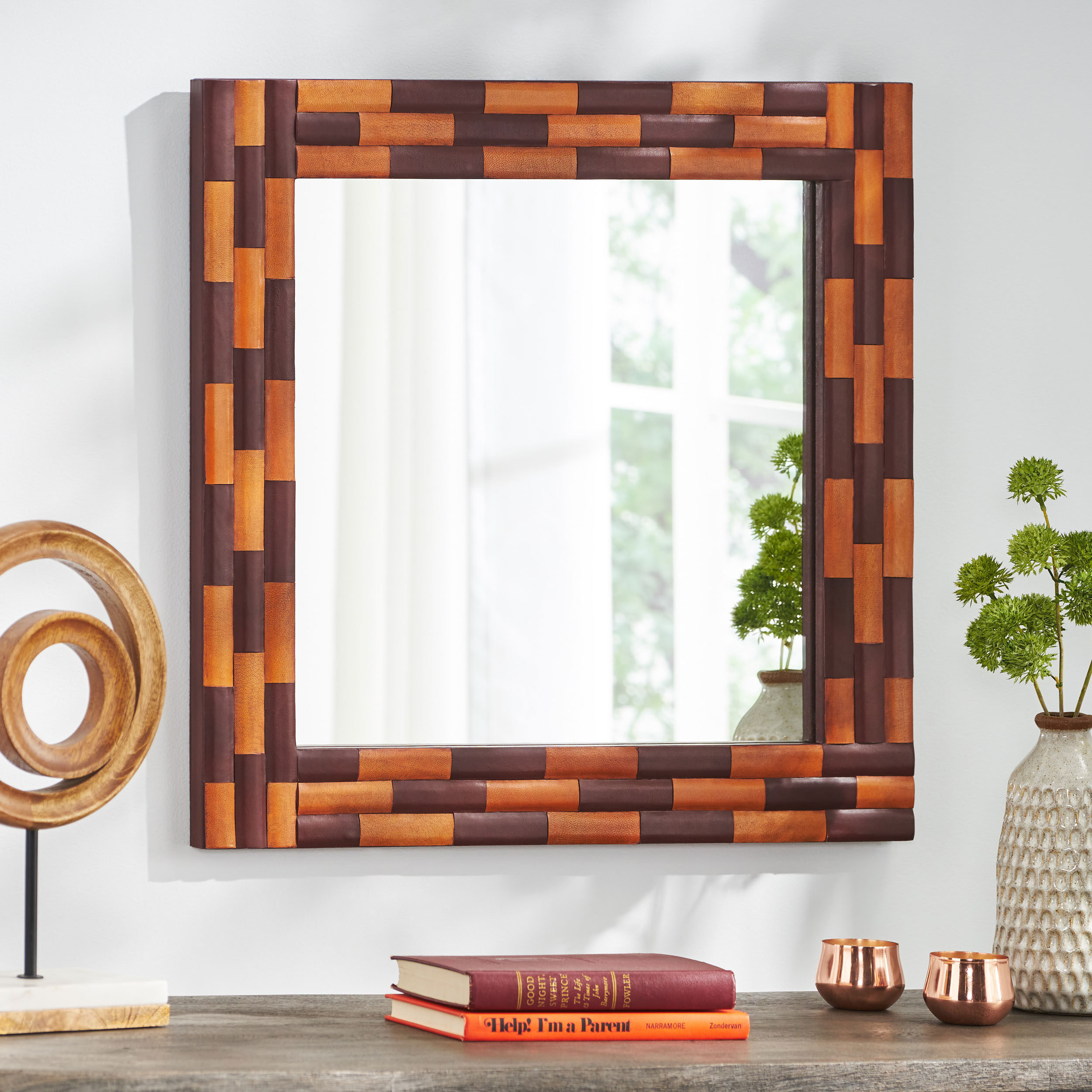 Union Rustic Belvieu Handcrafted Boho Leather Square Wall Mirror ...