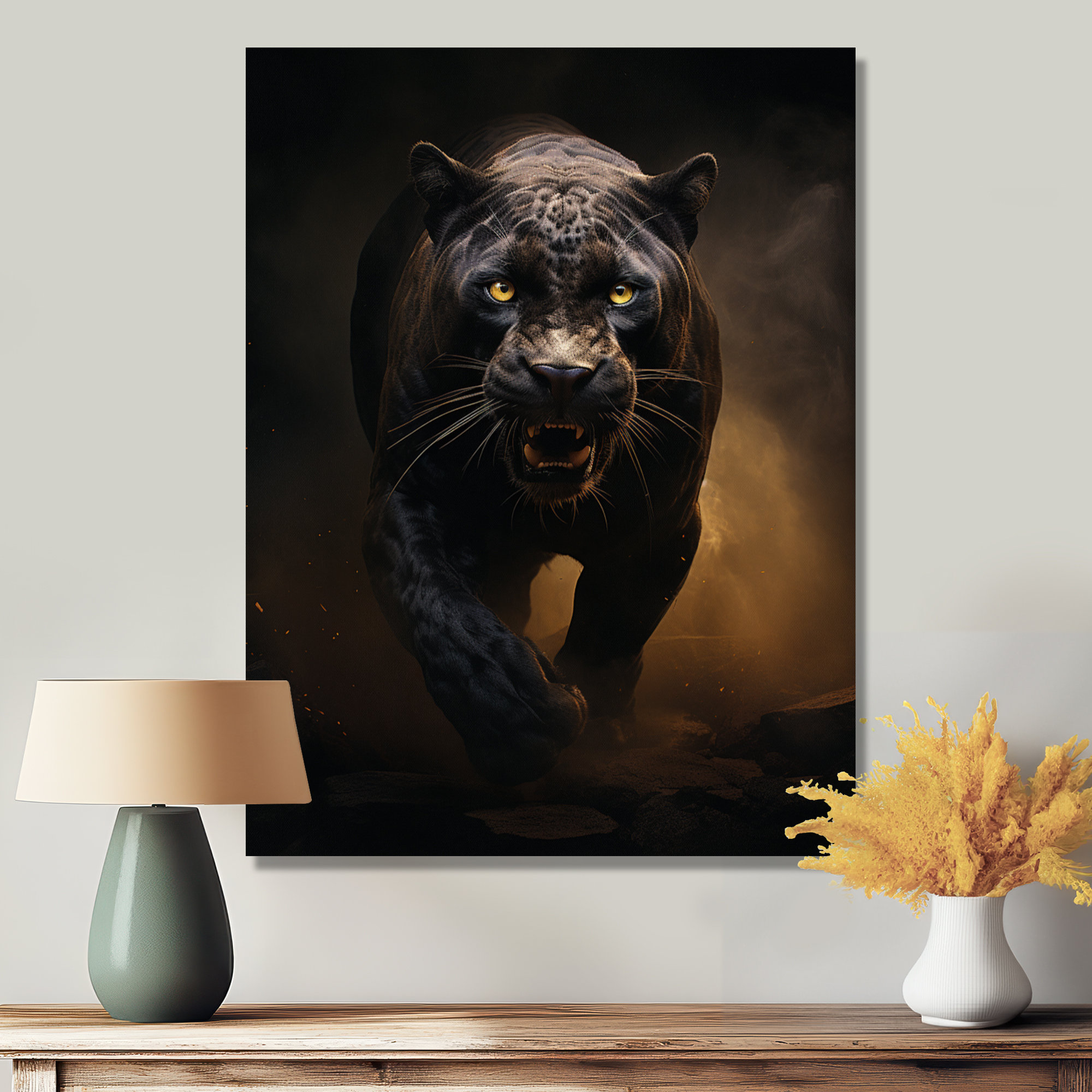 Design Art Ferocious Black Panther Running In The Mist - Panther Animal ...