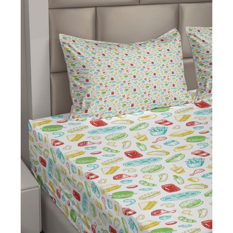 Ambesonne Fast Food Sheet Set Pizza Burger Hot Dog Art Earth Yellow and ...