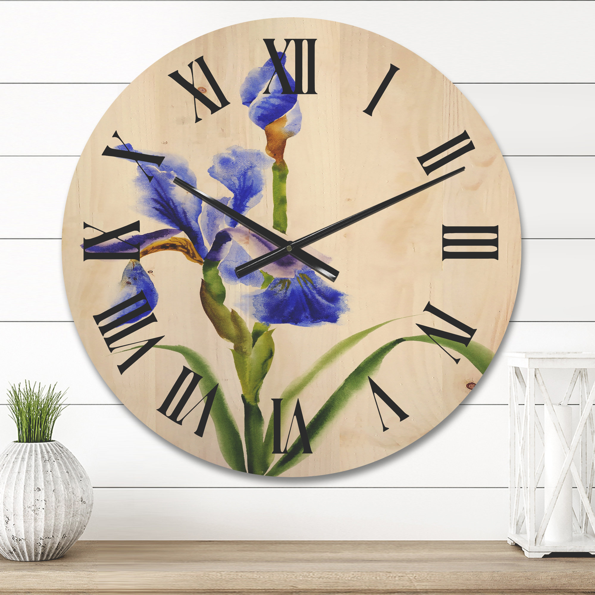 East Urban Home Retro Blue Iris Flower - Traditional Wood Wall Clock ...