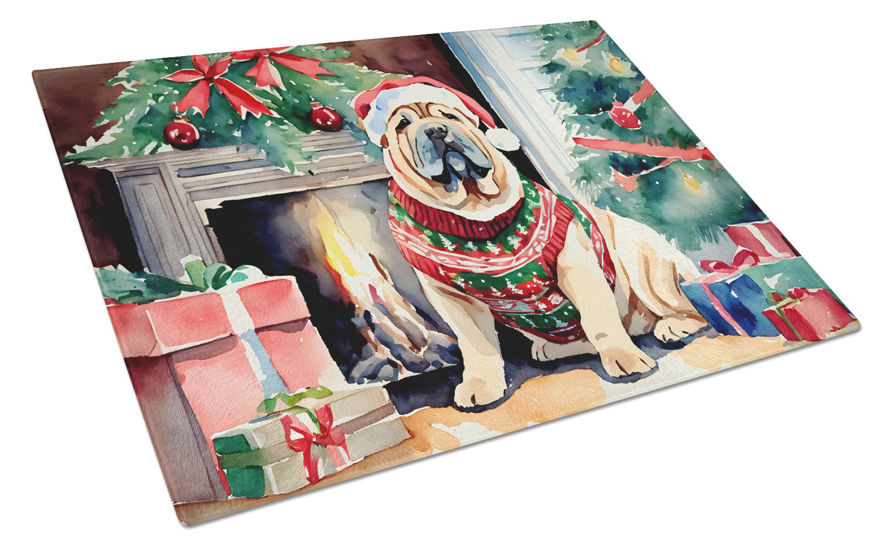 Caroline's Treasures Shar Pei Cozy Christmas Glass Cutting Board Large ...