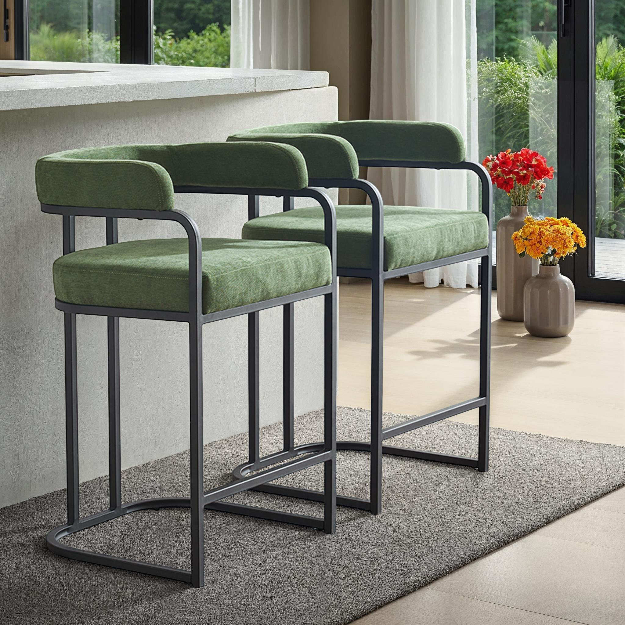Latitude Run® Chenille Bar Stools Set of 2 – Upholstered Seats, Metal ...
