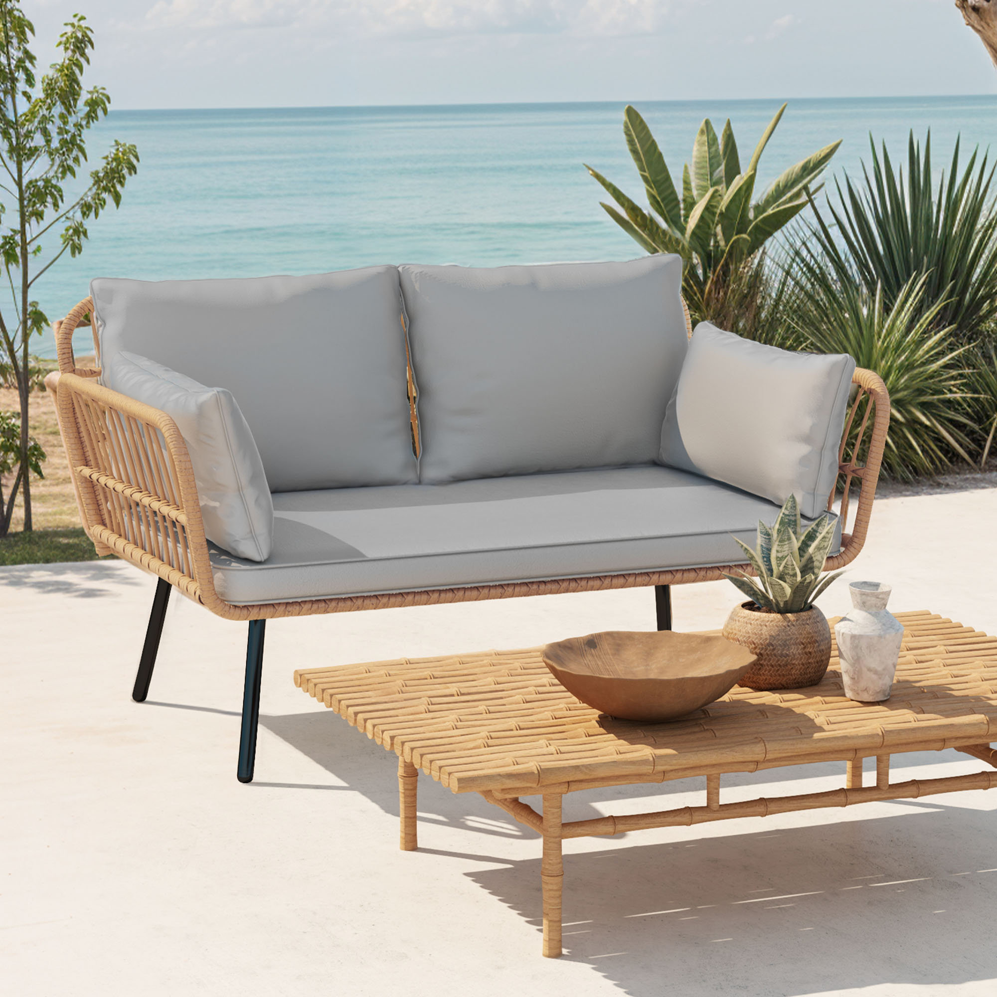 George Oliver Outdoor Rattan Loveseat with PE Wicker, Cushions, and ...