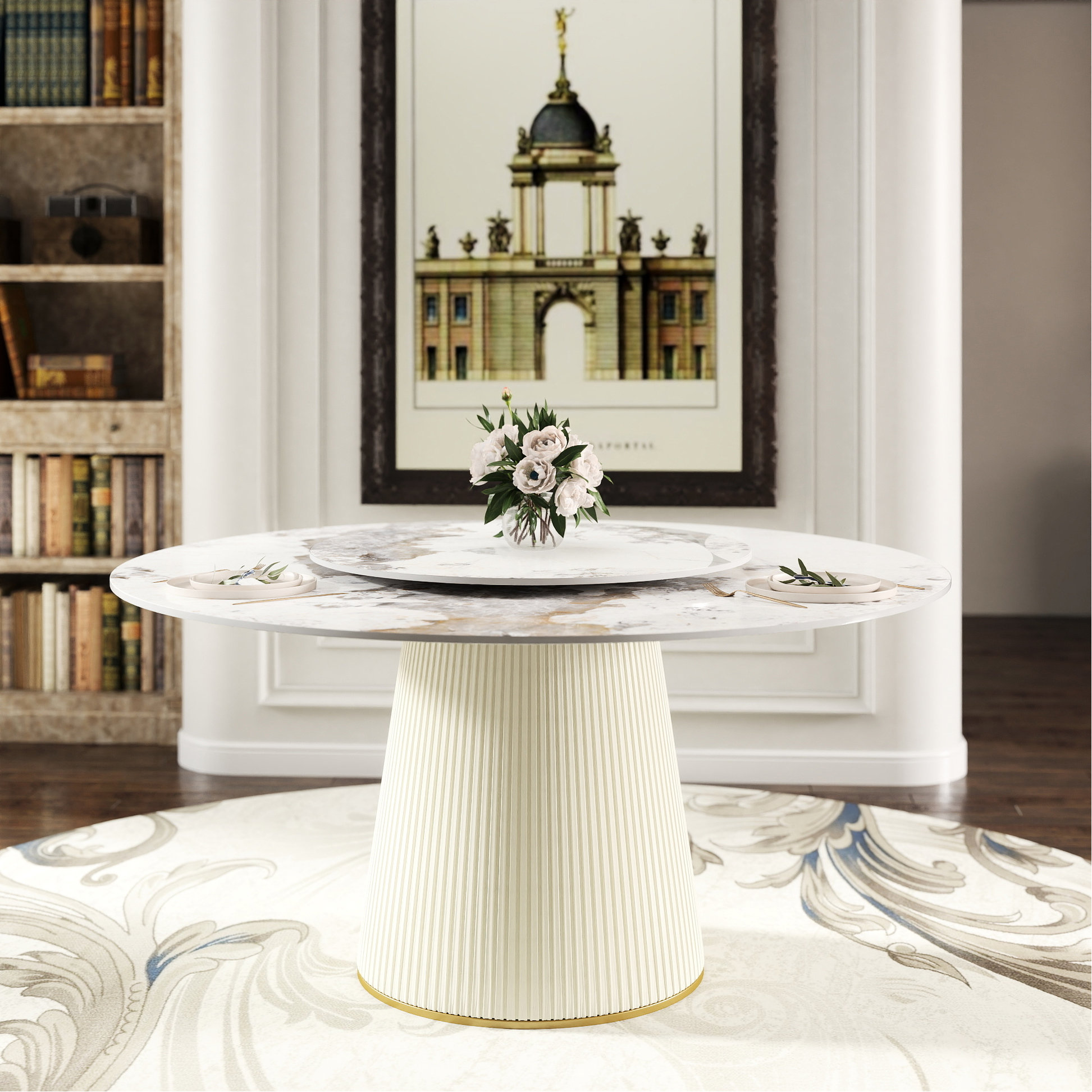 Mercer41 59.14" Modern Round Dining Table - White Sintered Stone Top ...