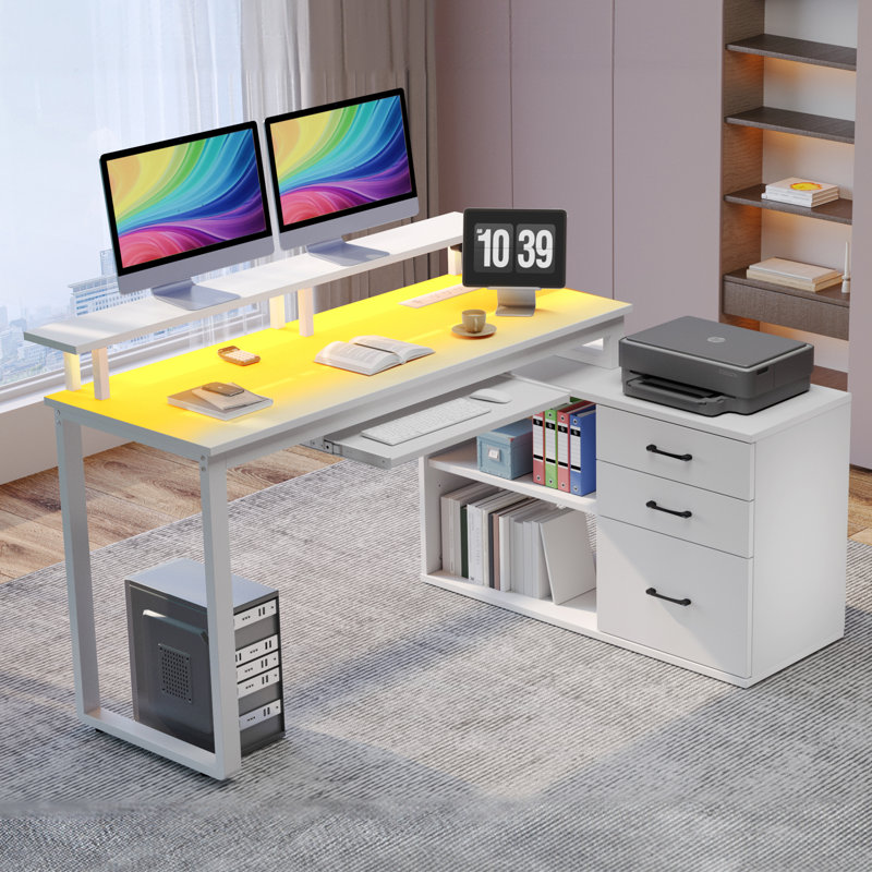 Ivy Bronx Ameliore 55.1" L Shaped Computer Desk with File Drawer, LED ...