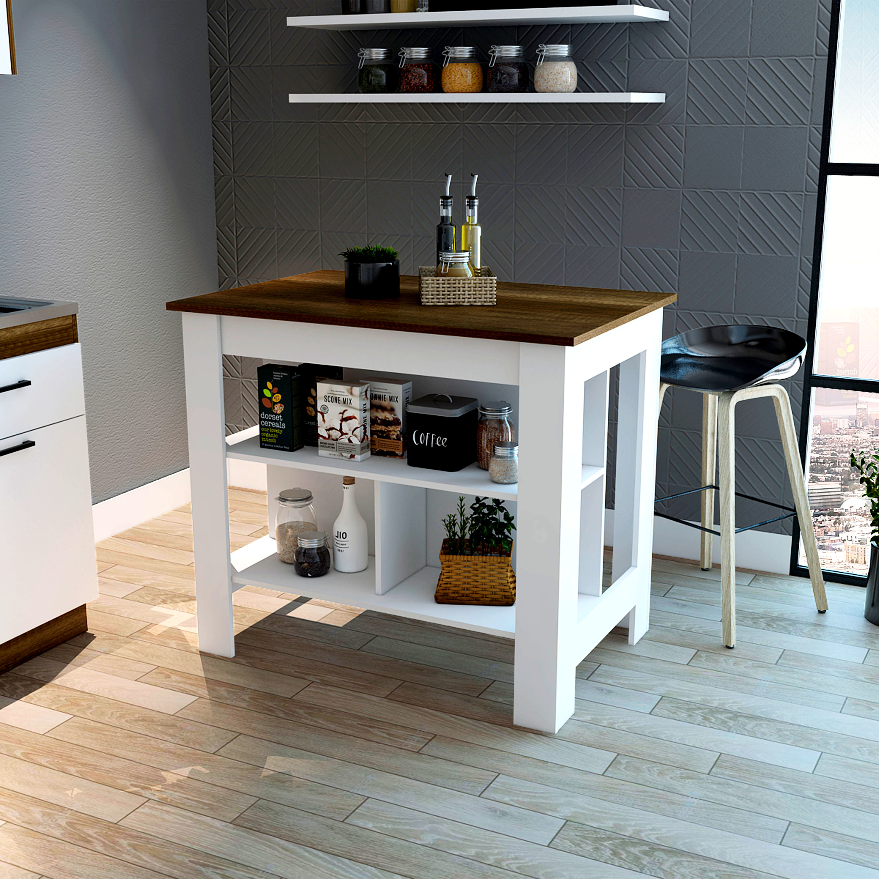 Latitude Run® Brooklyn Kitchen Island, Three Concealed Shelves ...