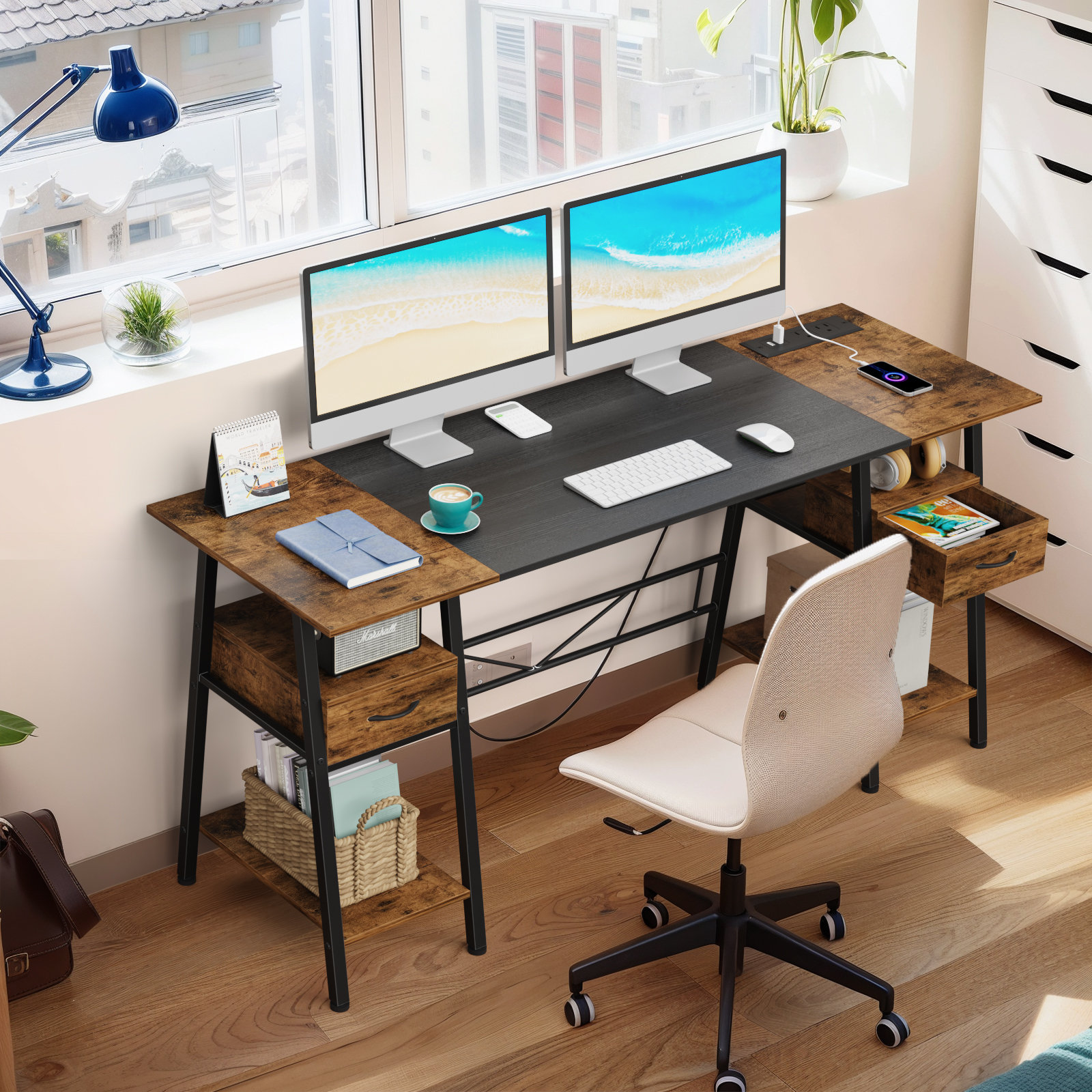 17 Stories 47.2"W Rectangle Computer Desk With Power Outlets/Storage ...