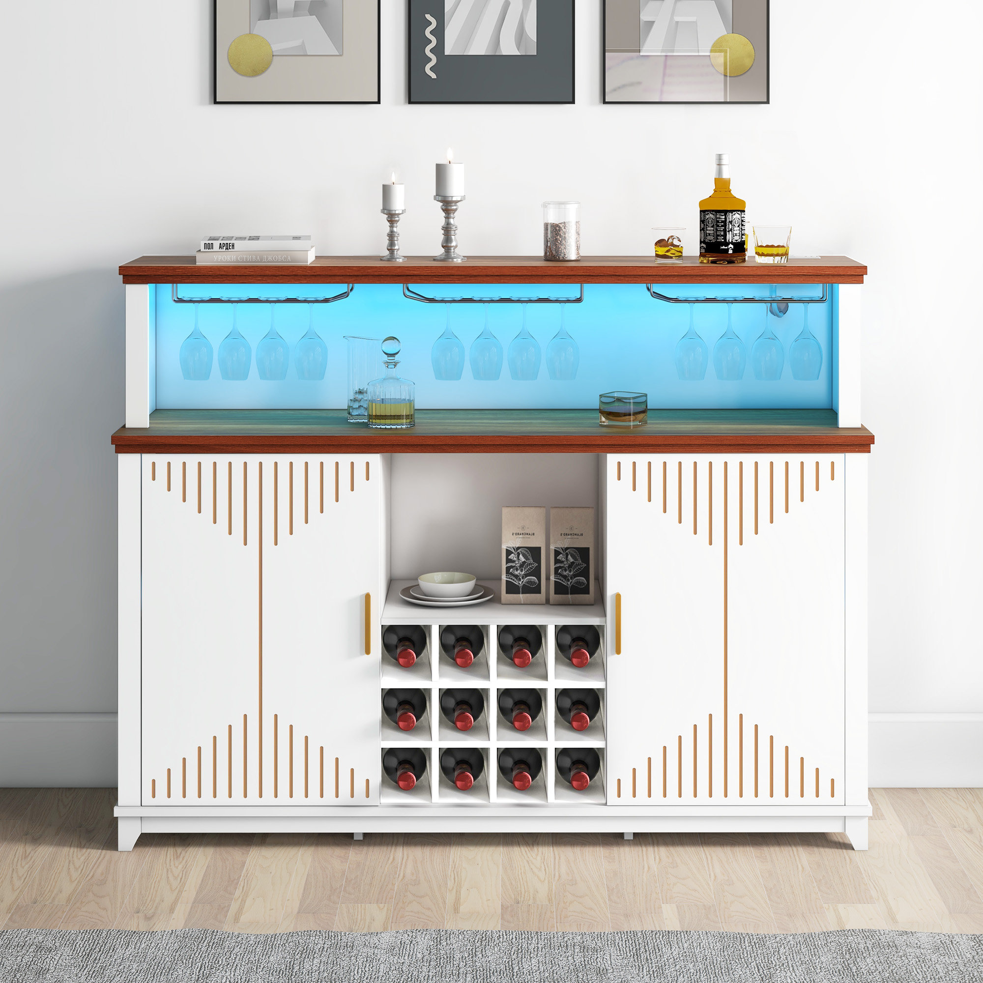 Wade Logan® Camorra 55" Coffee Bar Cabinet with LED Lights & Power ...