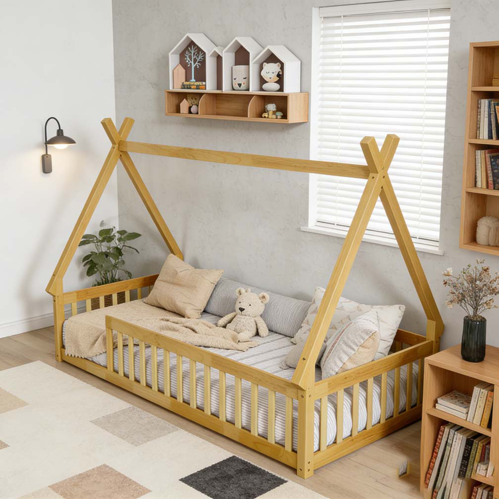 Latitude Run® Twin Tent-shaped Floor Bed,Teepee Bed with Guardrails ...