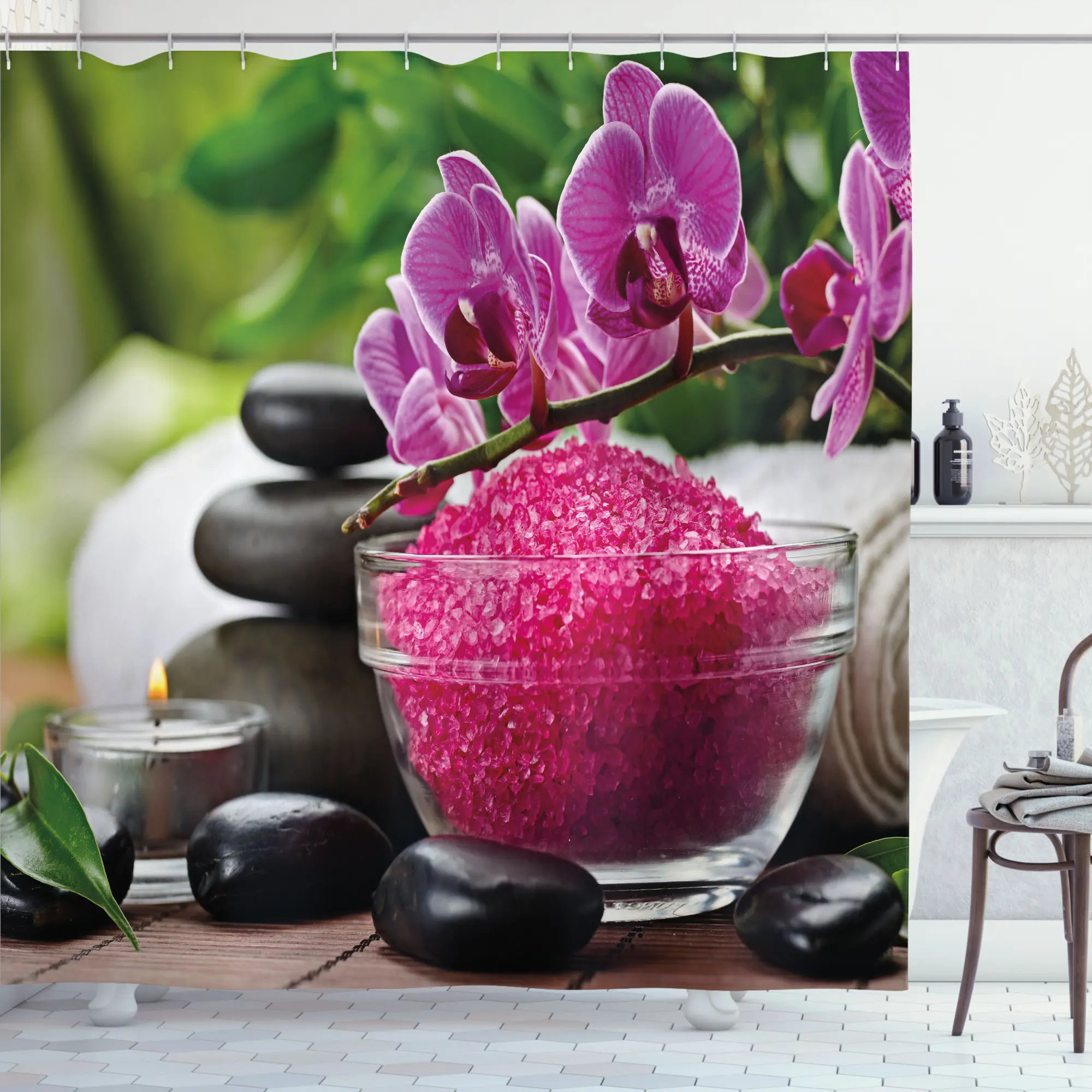Ambesonne Spa Zen Stone Triplets with Asian type Orchids and Fuchsia ...