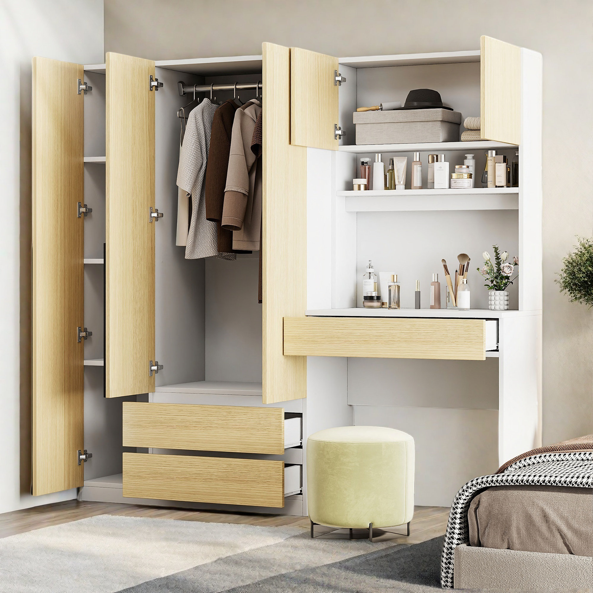 Latitude Run® 3-door Wooden Wardrobe With Desk, Storage Shelves, 3 ...