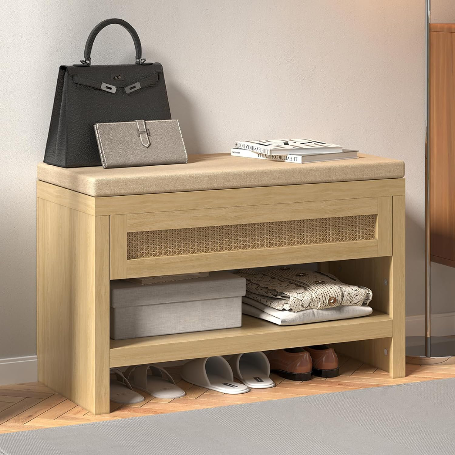 Bayou Breeze Rattan Shoe Rack Bench with Cushion, Thickened Wooden ...