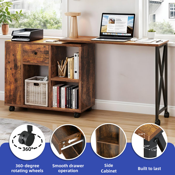 17 Stories Rotating L-Shaped Writing Desk With Drawer & Storage Shelves ...