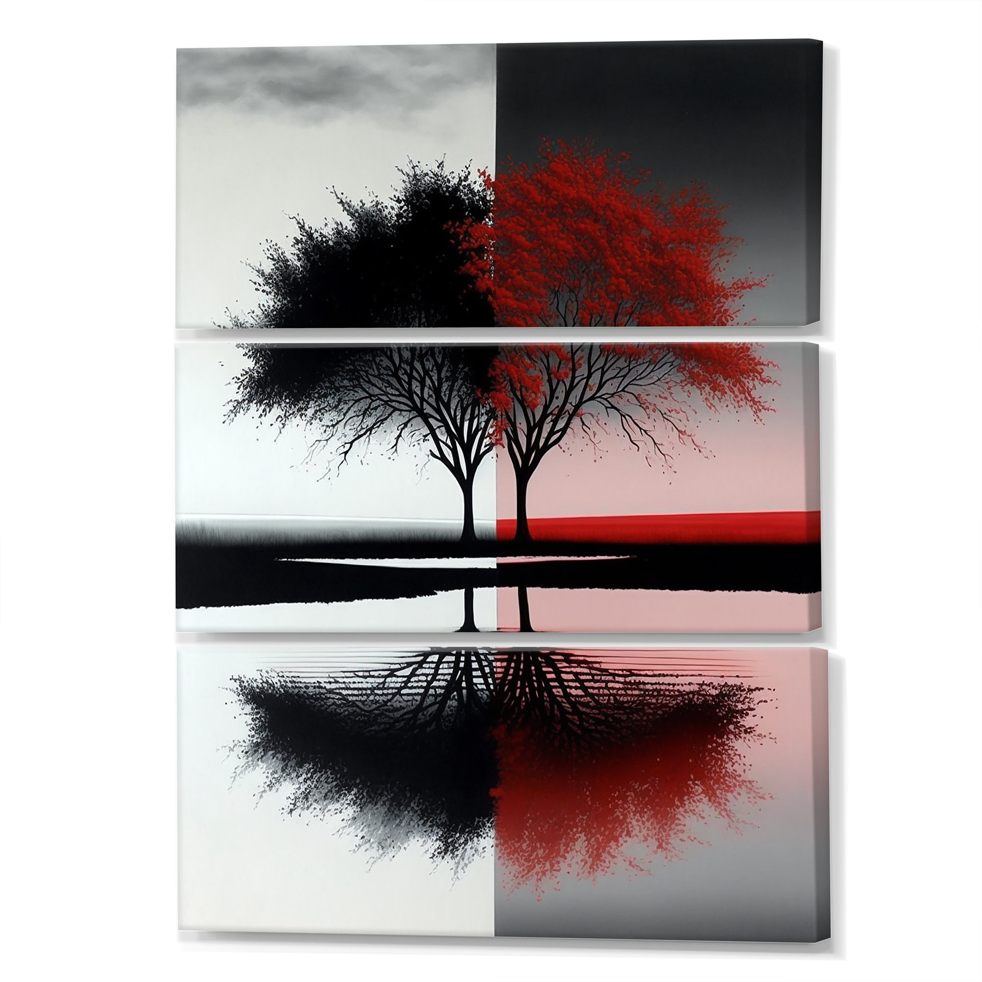 Red Barrel Studio Red And Black Abstract Trees By The Lake 3 Pieces ...