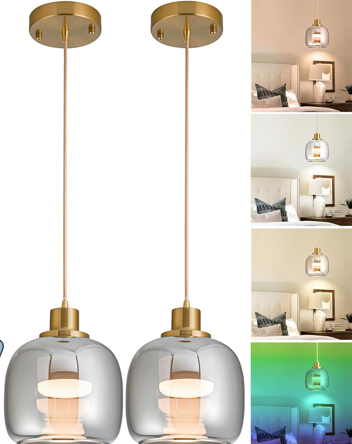 Mercer41 Rechargeable Battery Operated Glass Pendant Lights, RGB Color ...