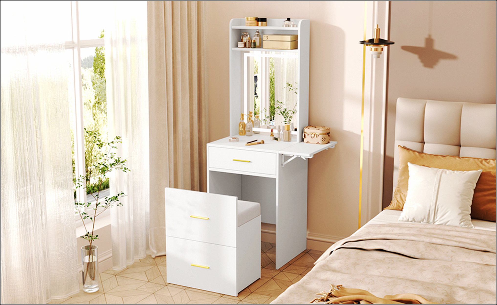 Wrought Studio™ Small Vanity Desk with Mirror and Light, Dressing Table ...