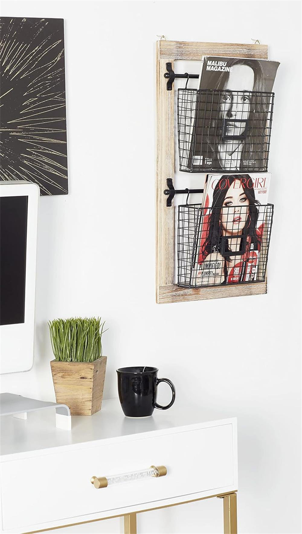 Rebrilliant Wood Rectangle Magazine Rack Holder with Suspended Baskets ...