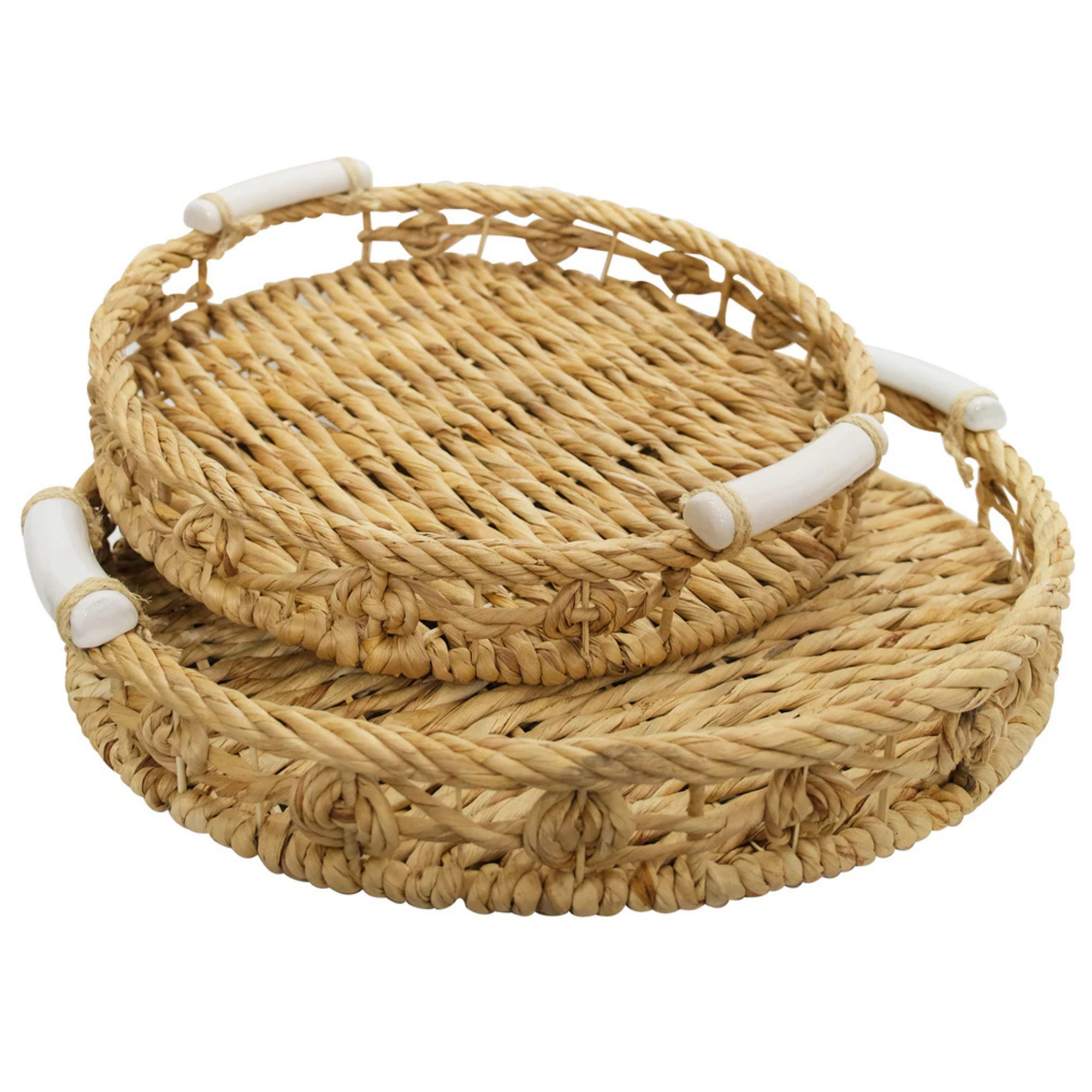 Dakota Fields Twisted Water Hyacinth Round Trays With Ceramic Handles ...