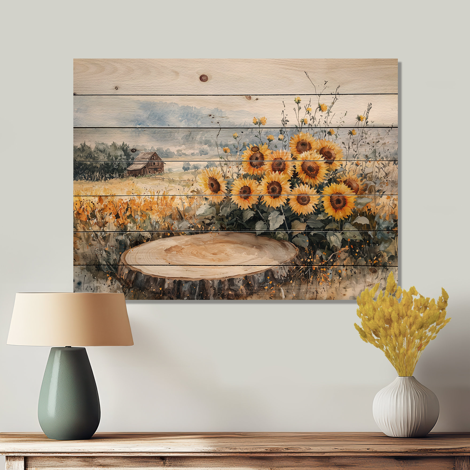 Ophelia & Co. Sunflowers Landscape At The Barn - Sunflowers Wood Wall ...