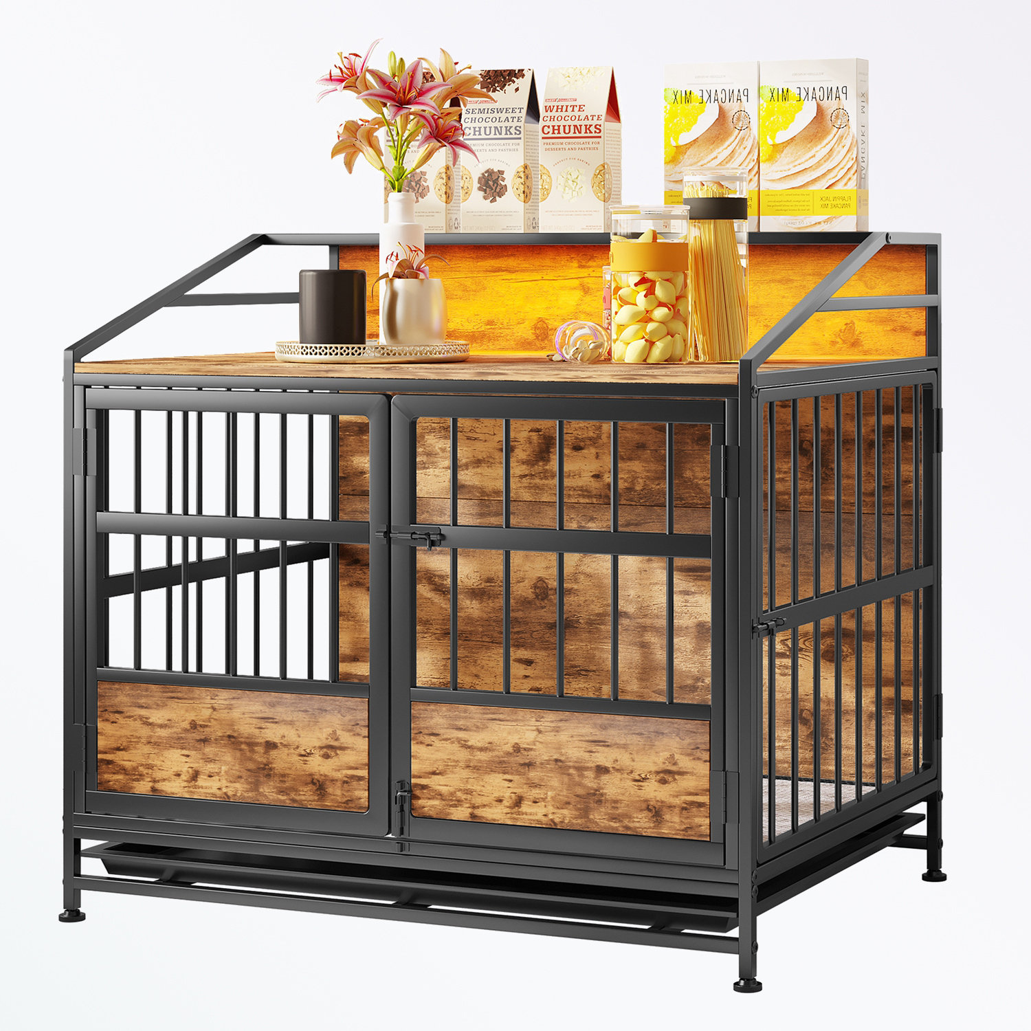 17 Stories metal frame Dog Cage with Storage and Double Doors | Wayfair