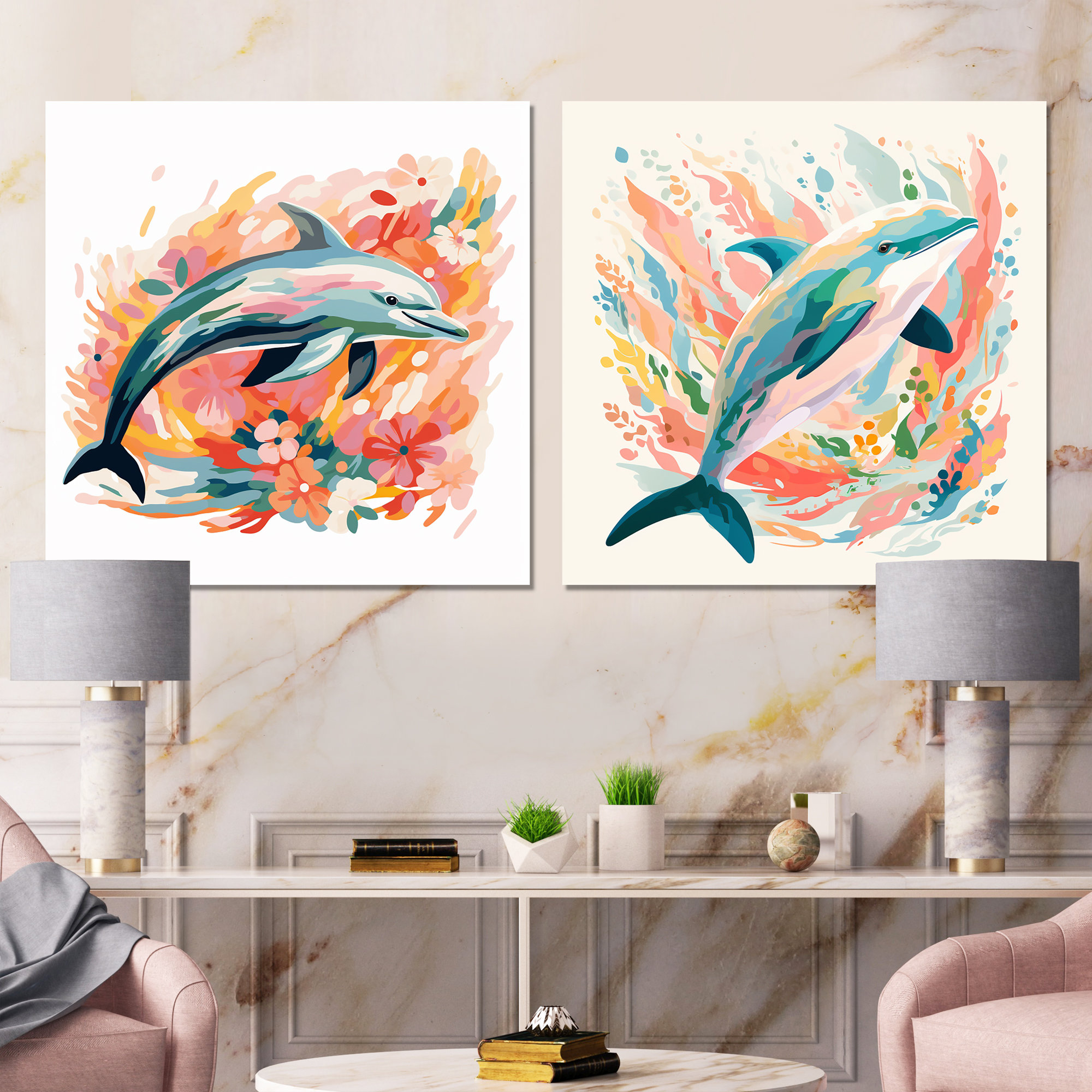 Highland Dunes Dive Dolphins Grace I - Dolphin Canvas Art Print Set Of ...