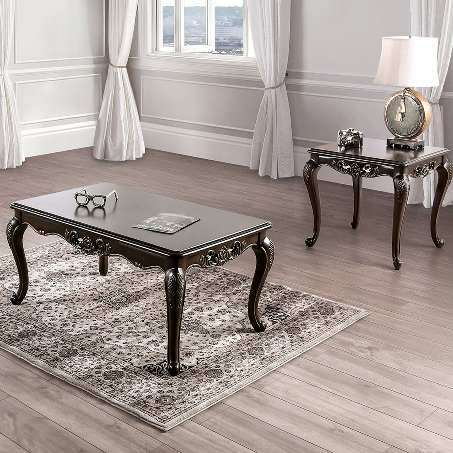 Red Barrel Studio® Coffee Table Traditional Style With Curved Legs Carved Design Solid Wood ...