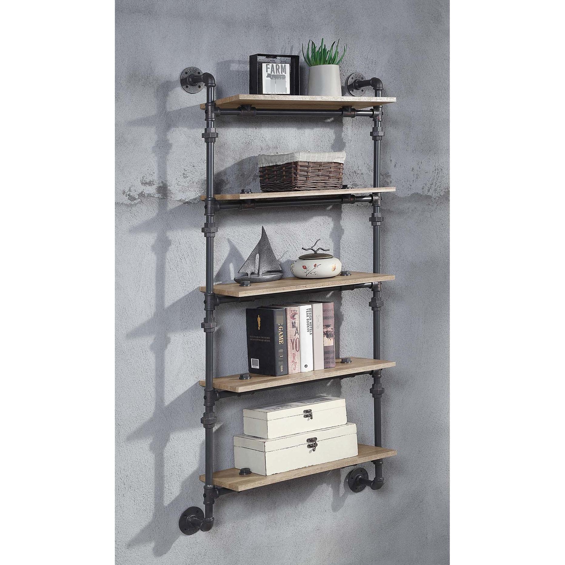 DuskDreams 5 Tier Oak Wall Shelf With Metal Frame, Water Pipe Style ...