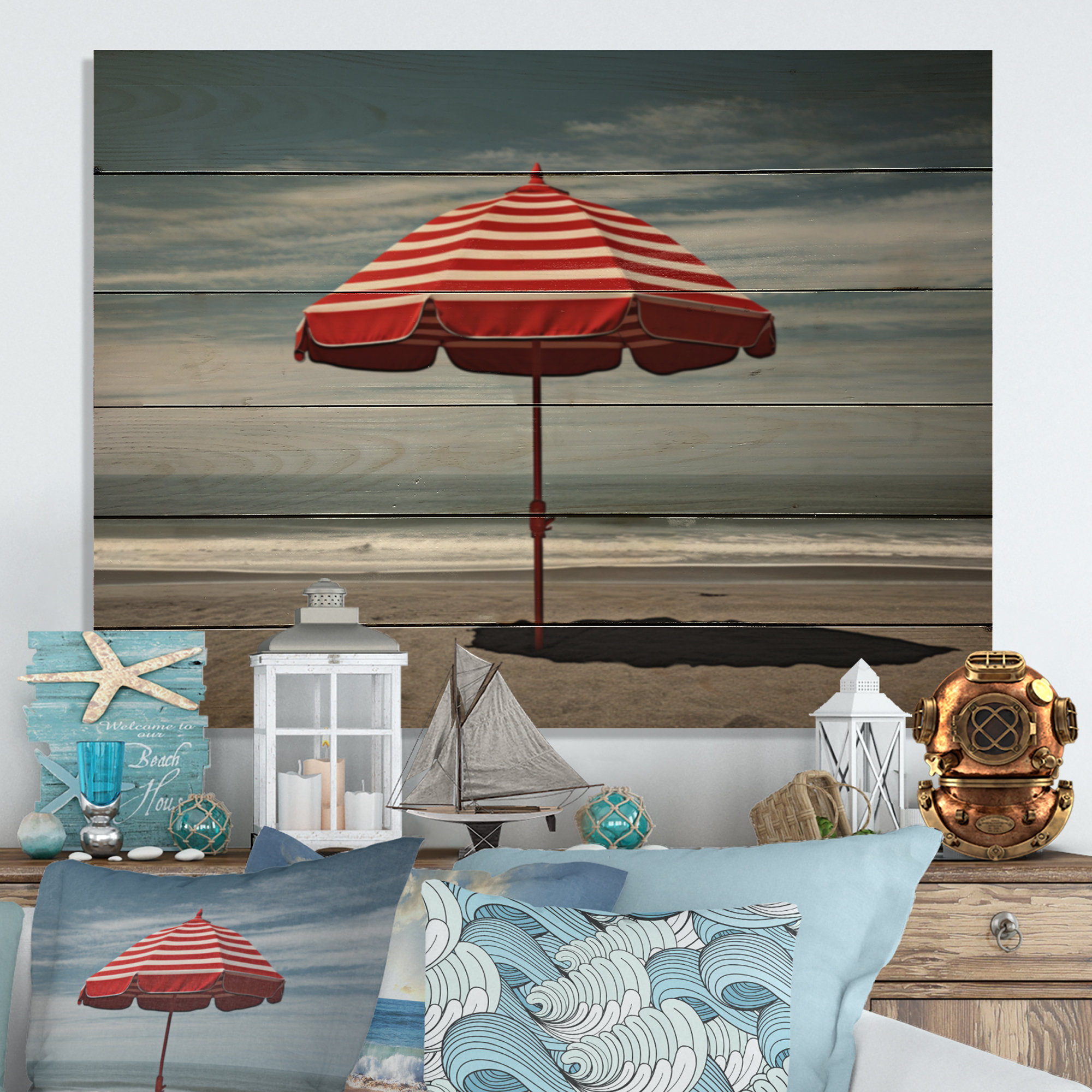 Dovecove Huchinson Huchinson Coastal Beach Red Umbrella On Wood Print ...
