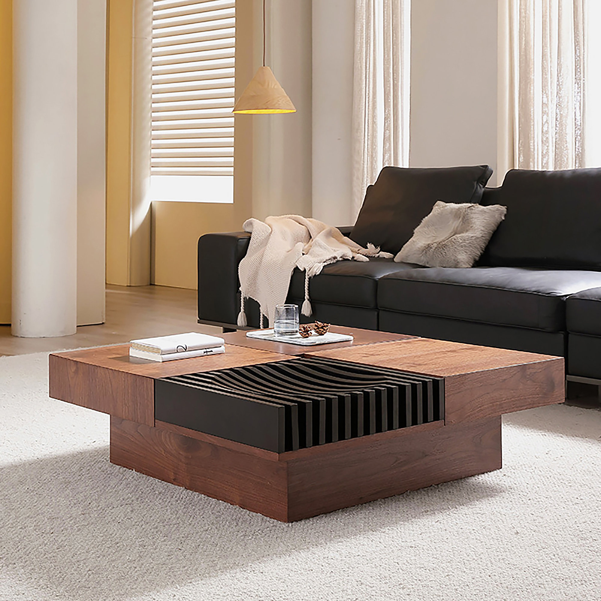 Hokku Designs Zaryia Modern Square Walnut Wood Coffee Table with Sliding Top and Hidden Storage ...